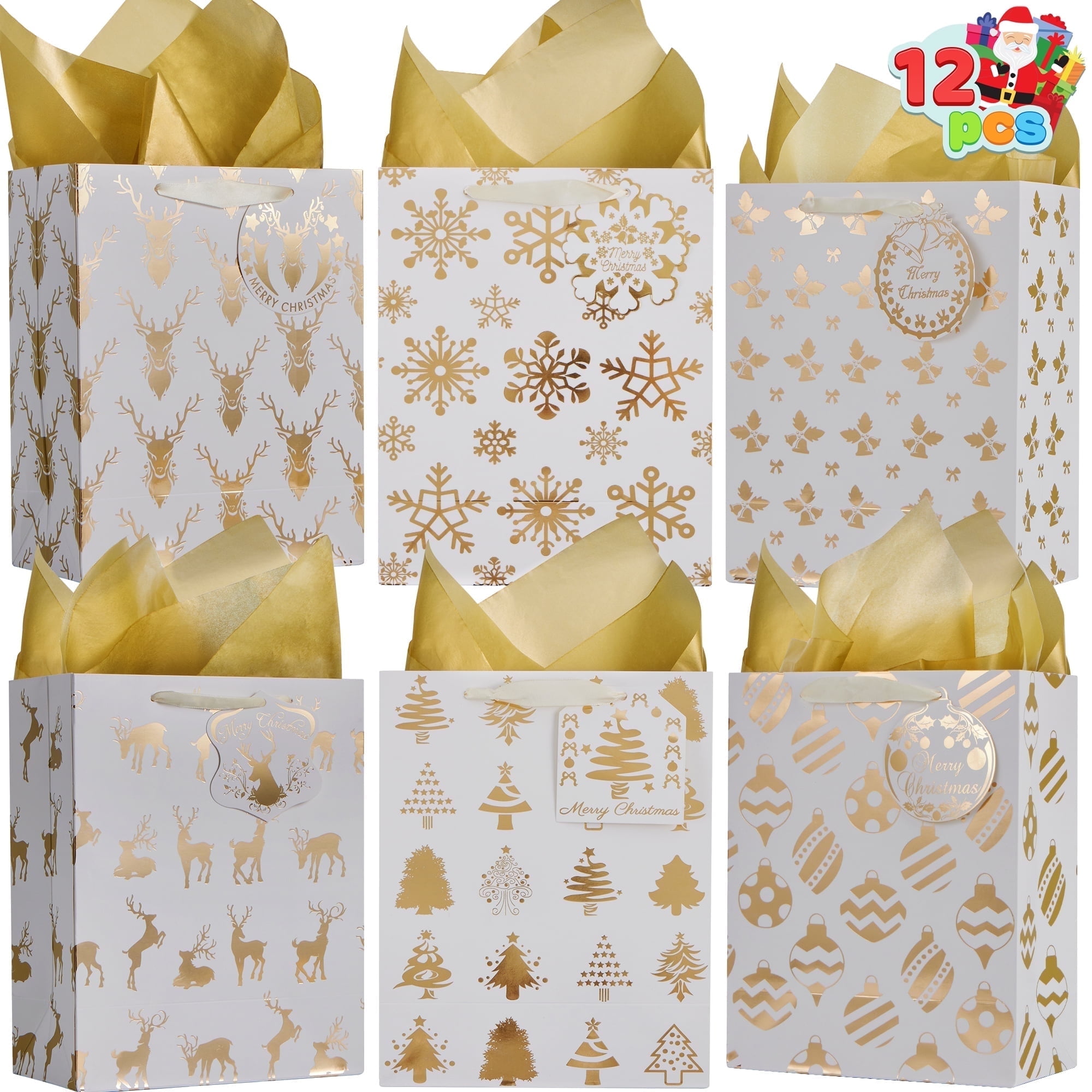 Joyfy 12 Pcs Christmas Gift Bag Set,Foil Gold Goody Treat Bags with ...