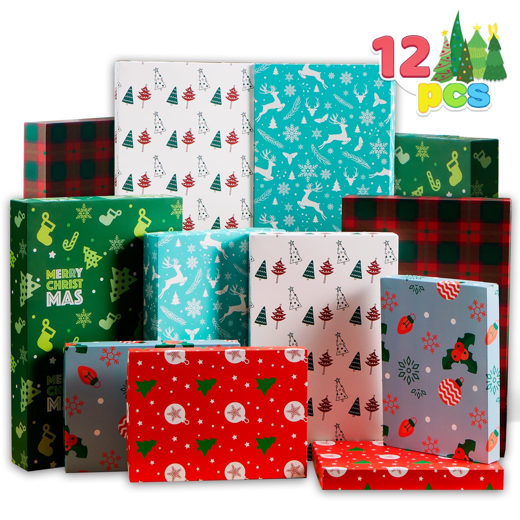 Joyfy 12 Pcs Christmas Paper Gift Boxes Assorted Sizes with Lids, Base ...