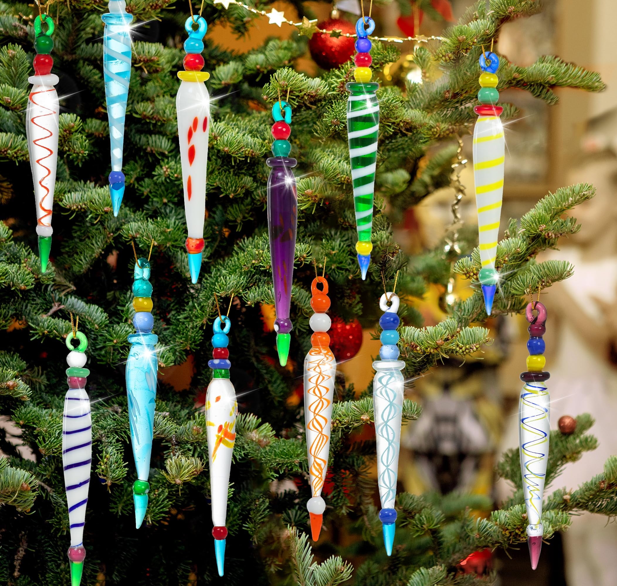 Joyfy 12 Pcs Colorful Icicle Glass Ornaments, Christmas Glass Ornaments ...