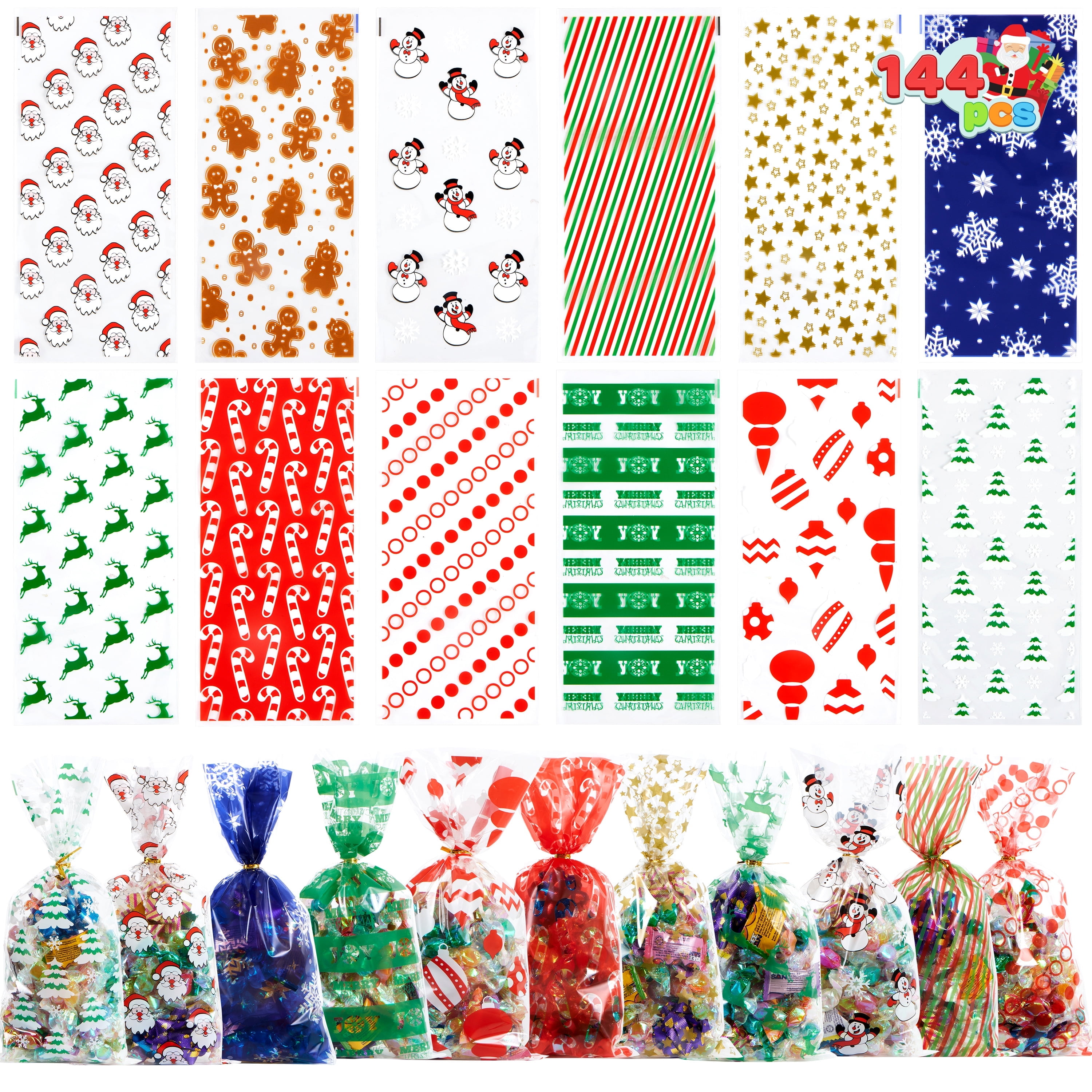 Joyfy 144 Pcs Christmas Cellophane Bags with Ribbon Candy Cookie Bags ...