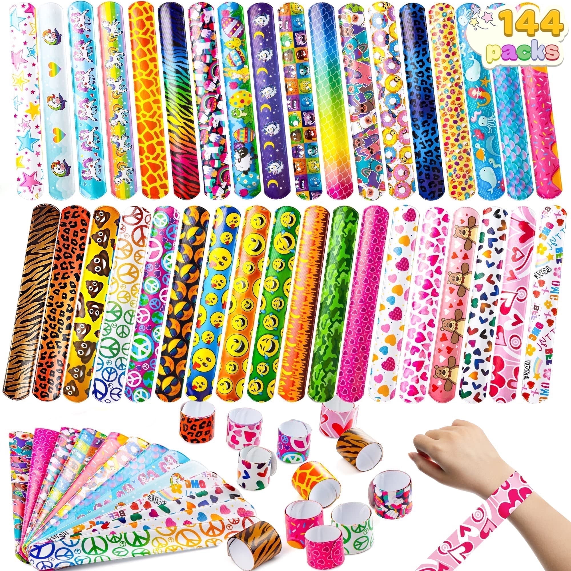 SYNCFUN 144 Pcs Kids Slap Bracelets, Assorted Designs Party Favors ...