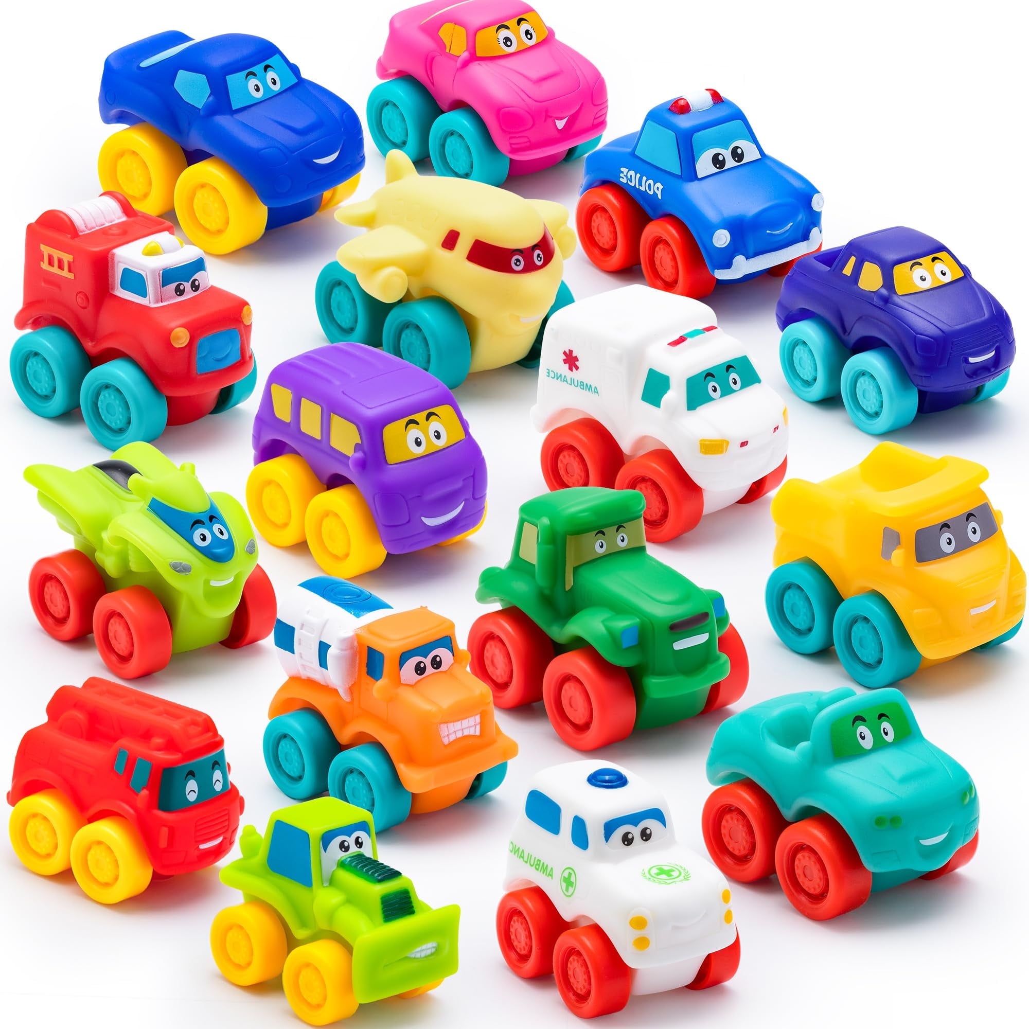 SYNCFUN 16pcs Soft Rubber Mini Cartoon Cars, Bath Toy Vehicles for ...