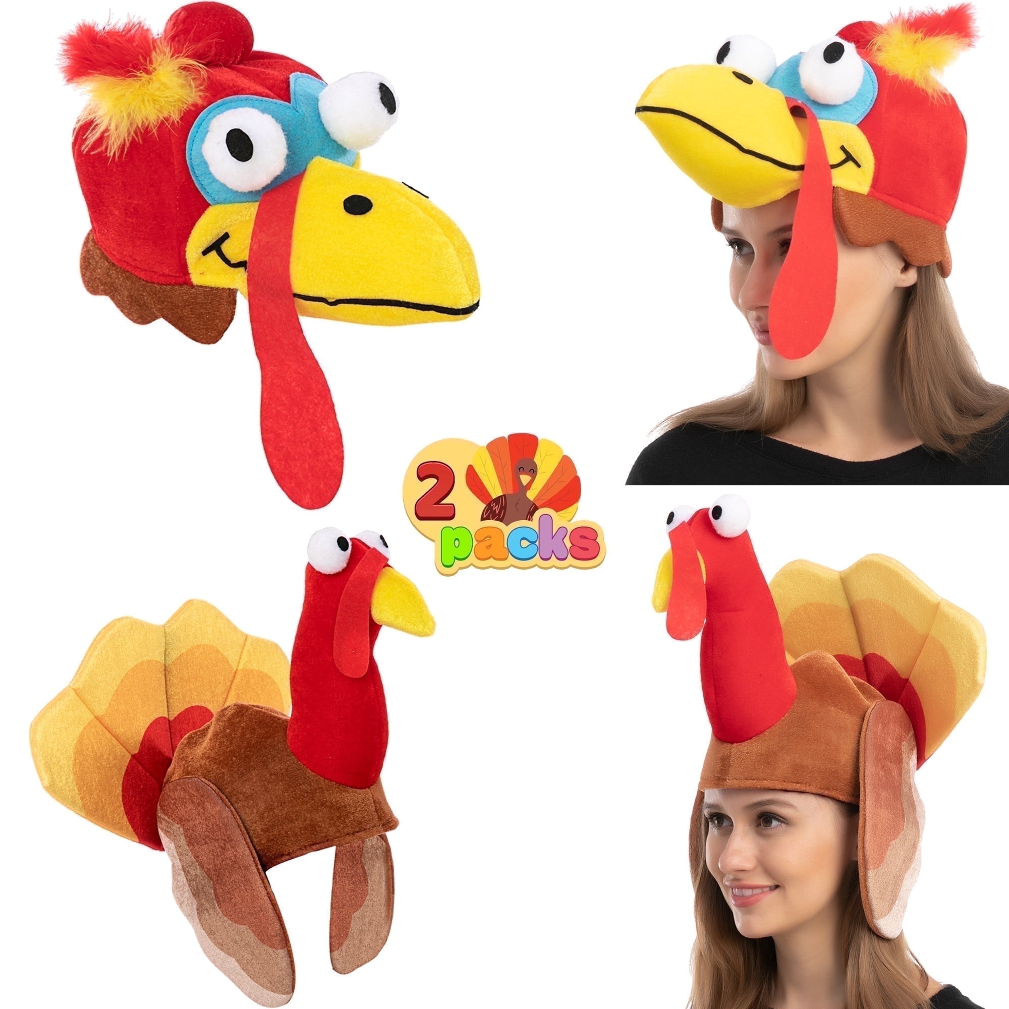 Joyfy 2 Pack Thanksgiving Turkey Cap for Kids and Adults Plush Turkey ...
