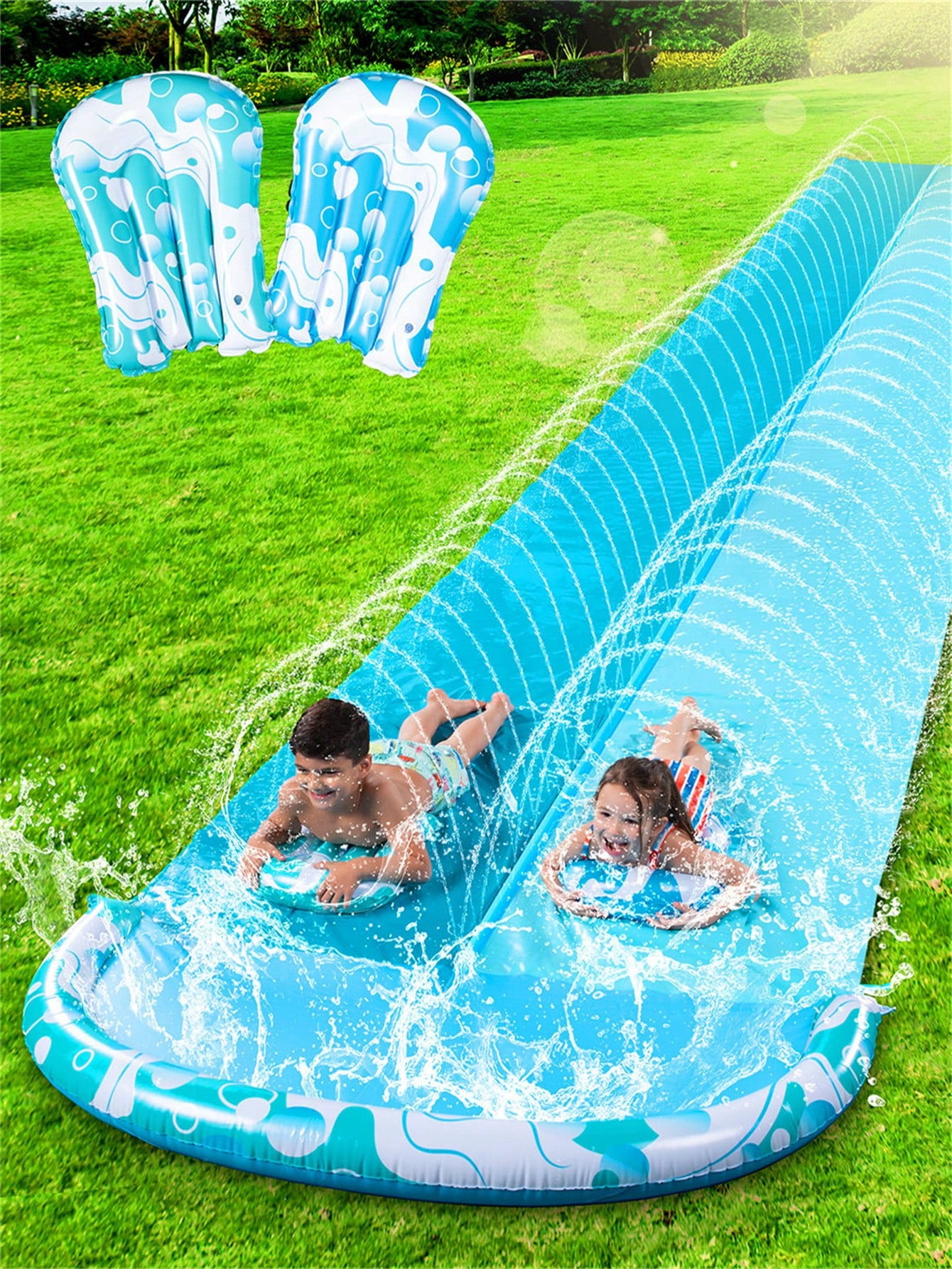 Joyfy 22.5ft Waves Double Lane Water Splash Slip, Summer Backyard Lawn ...