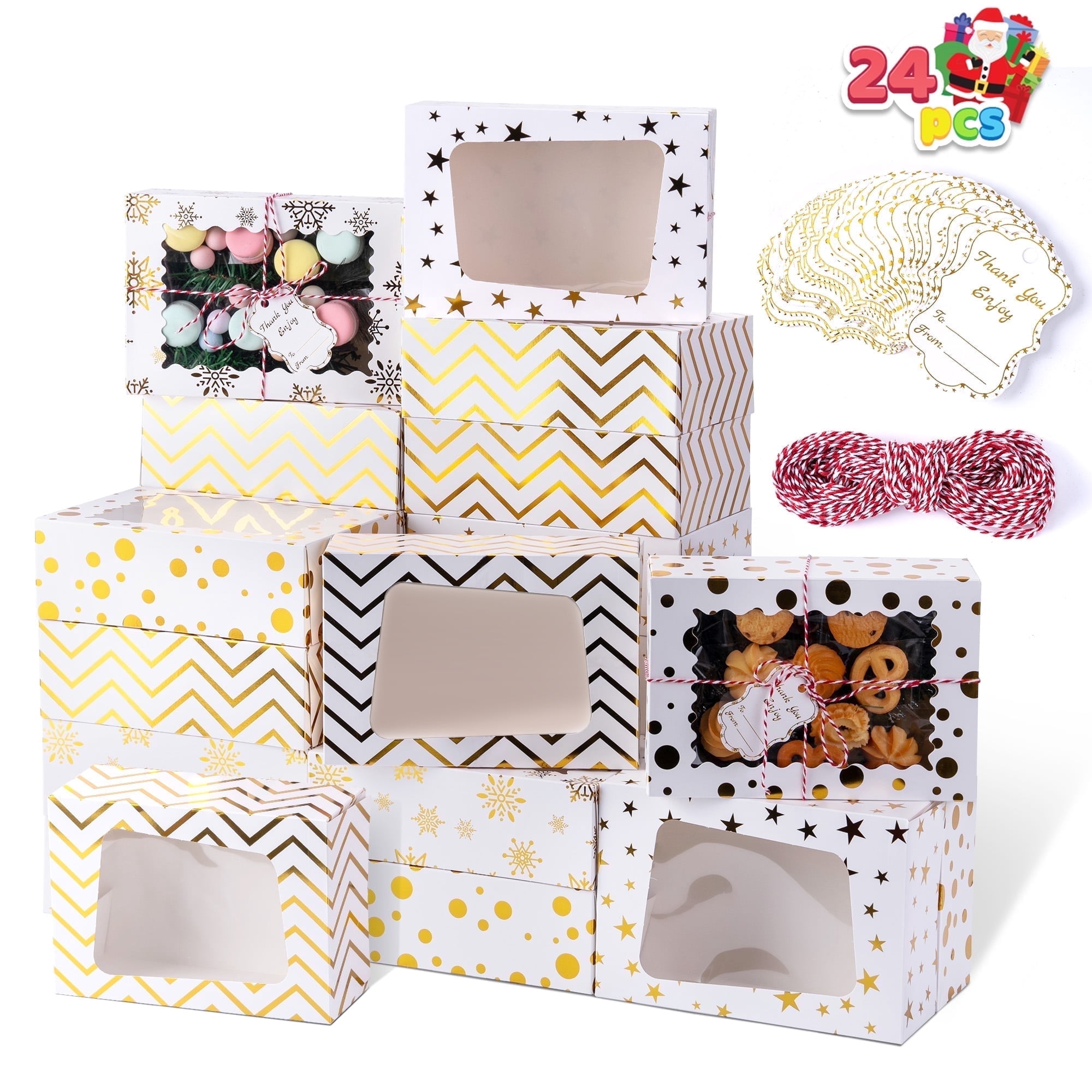 Joyfy 24 Pcs Christmas Cookie Boxes, Gold Foil Treat Boxes with Windows ...