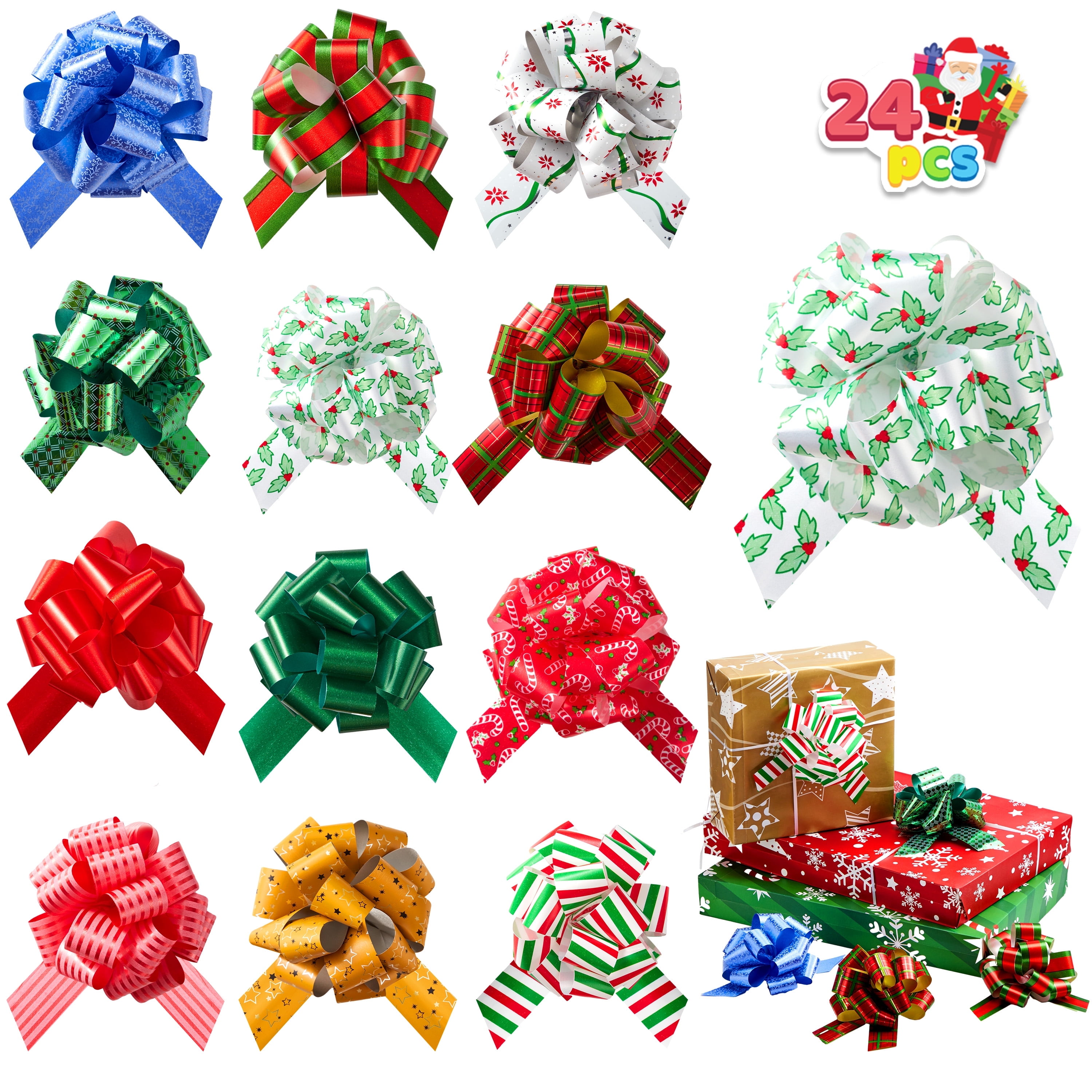 Joyfy 24 Pcs Christmas Pull Bows Present Wrap Ribbon(4.7" Wide), Easy ...