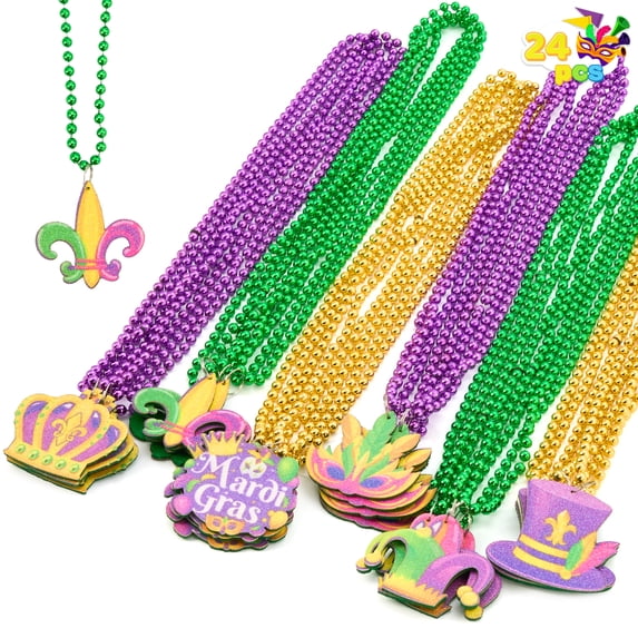 Joyfy 24 Pcs Mardi Gras Bead Necklaces with Pendant, 6 Designs Mardi ...