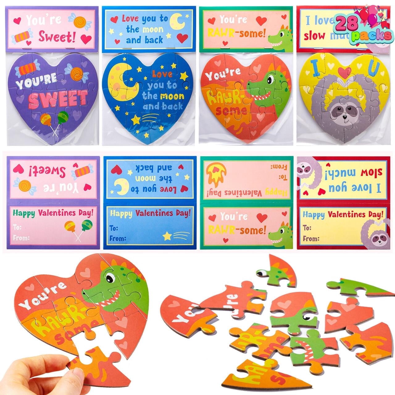 Joyfy 28 Packs Valentine's Cards with Heart Jigsaw Puzzle for Kids ...