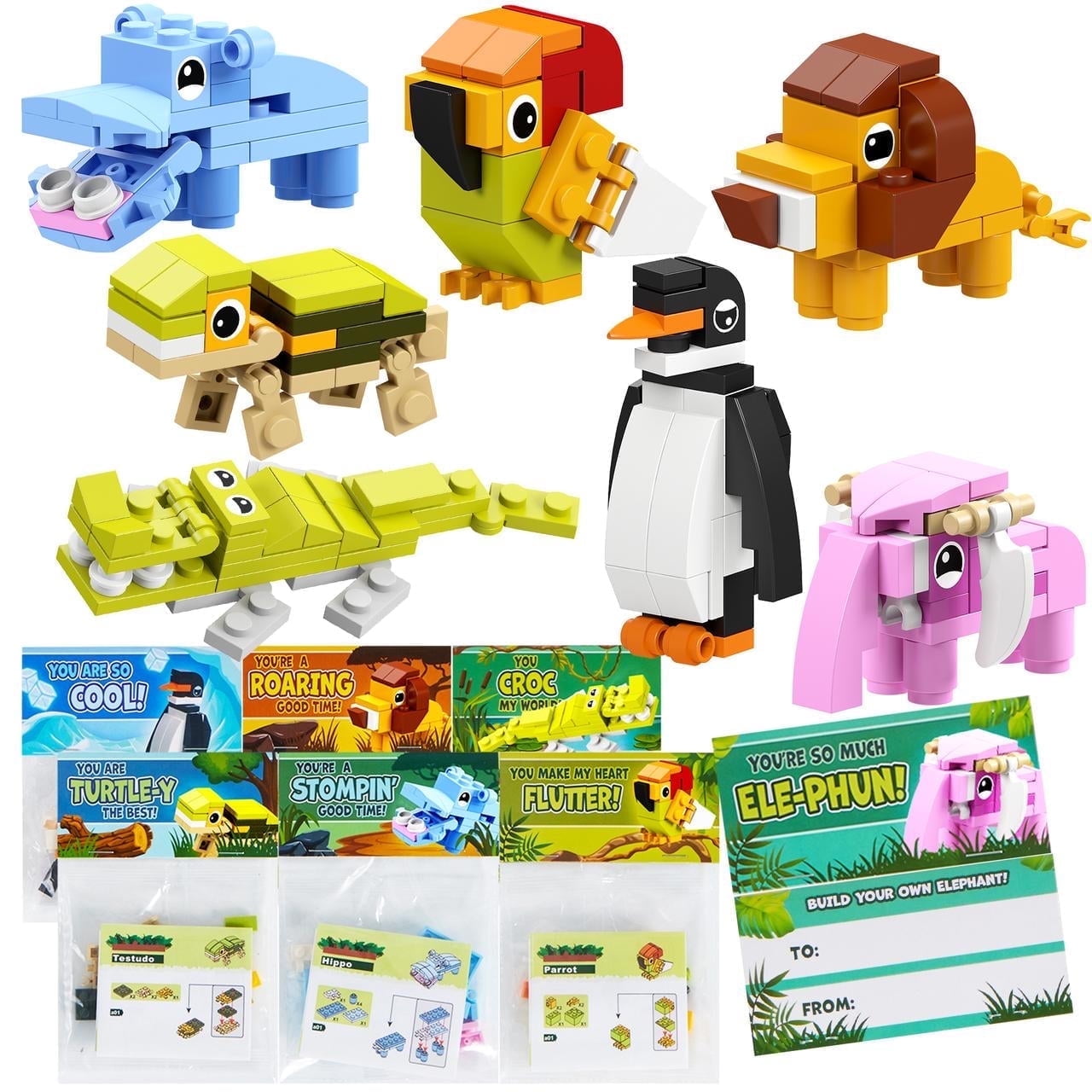 Joyfy 28 Packs Valentines Day Cards with Animal Building Blocks for ...
