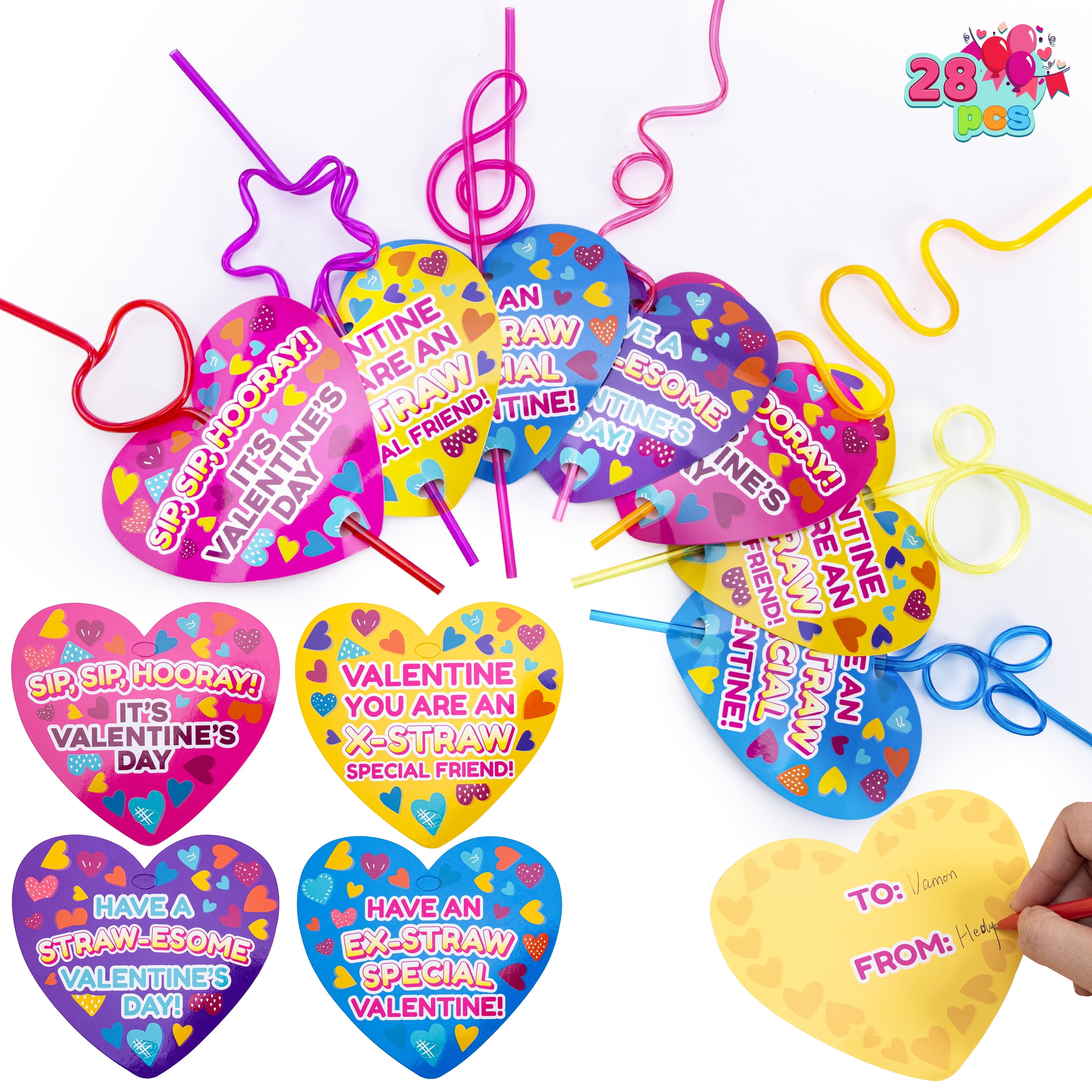 SYNCFUN 28 Packs Valentines Day Cards & Crazy Loop Drinking Straws ...