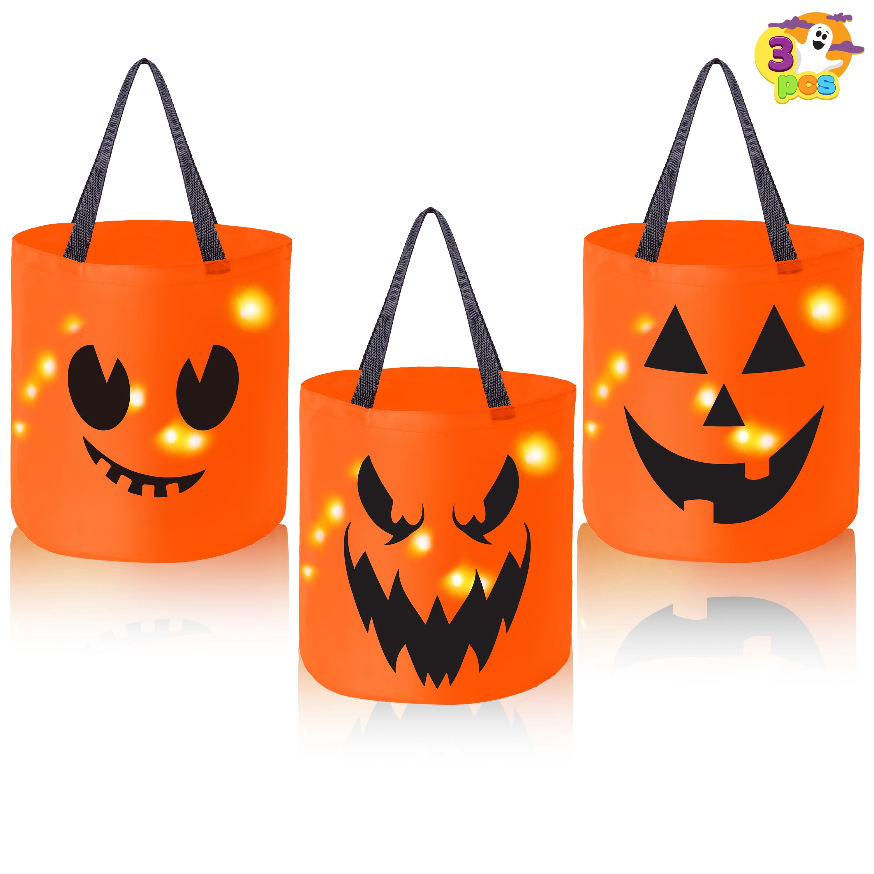 Joyfy 3 PCS Halloween Candy Bag,LED Light Pumpkin Candy Buckets for ...