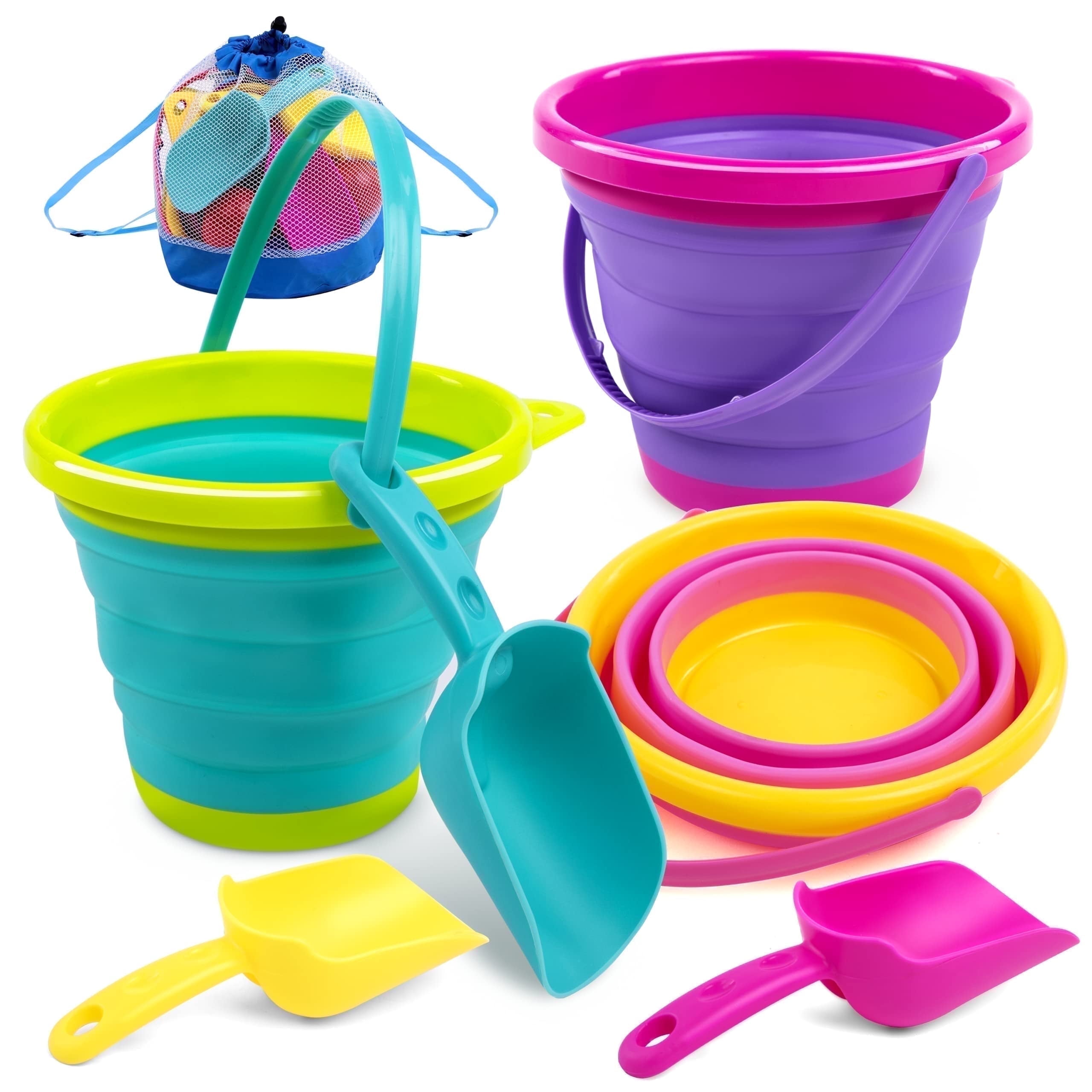 Joyfy Collapsible Beach Bucket Set with Shovels Mesh Bag Kids Sand Toys ...