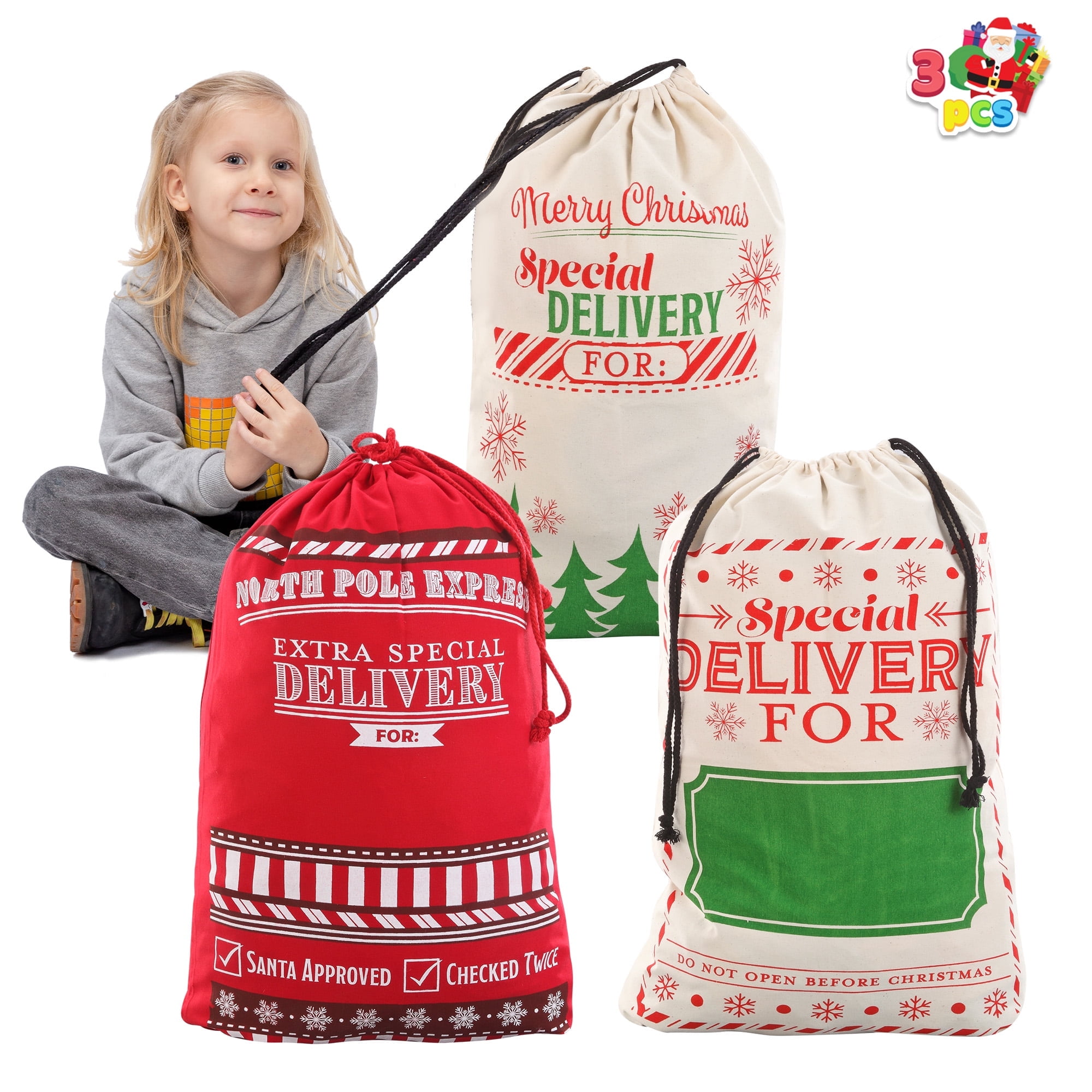 Joyfy 3 Pcs Present Bags, Santa Burlap Sack with Drawstring 26" x 19 ...