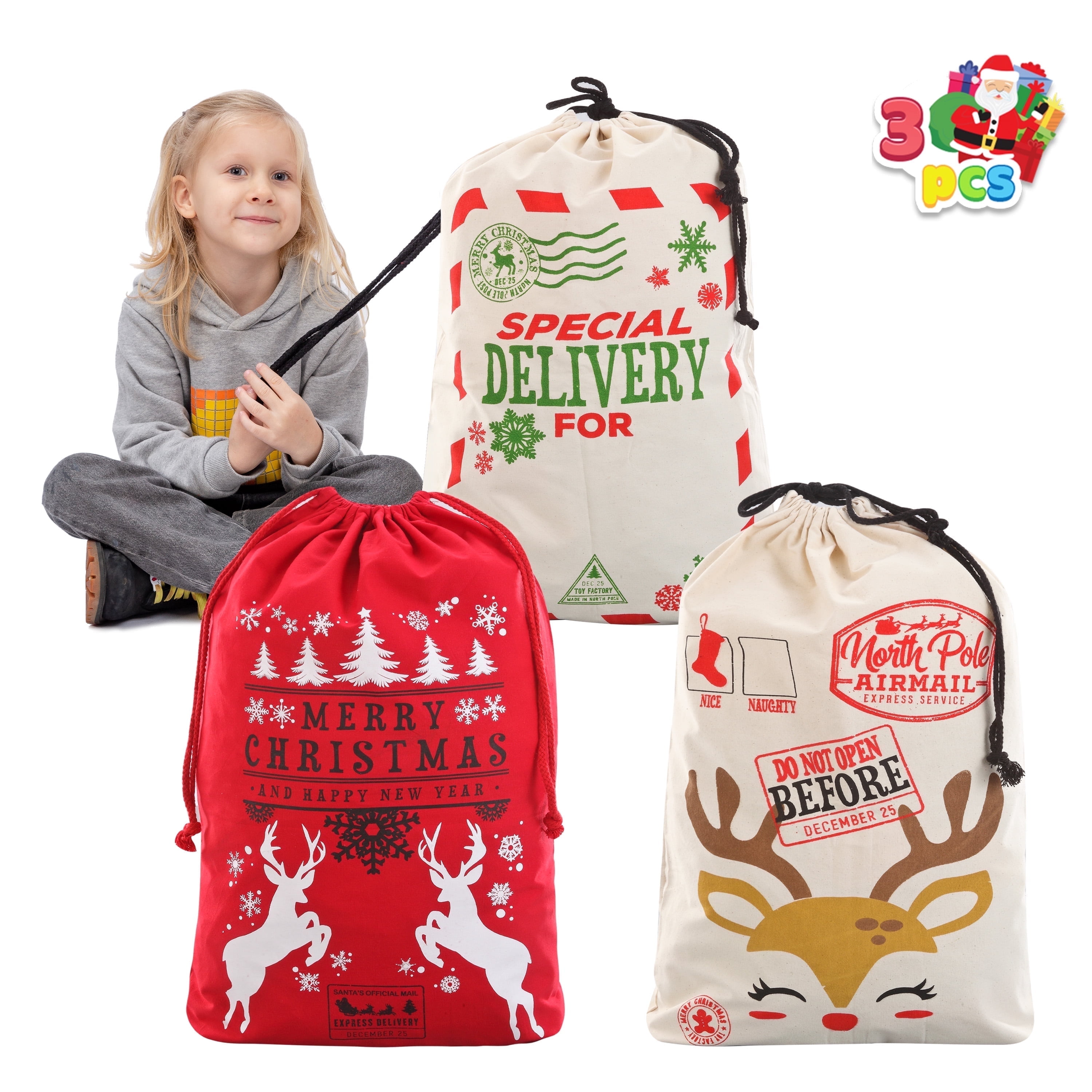 Joyfy 3 Pcs Santa Burlap Sack Christmas Canvas Gift Bags with ...