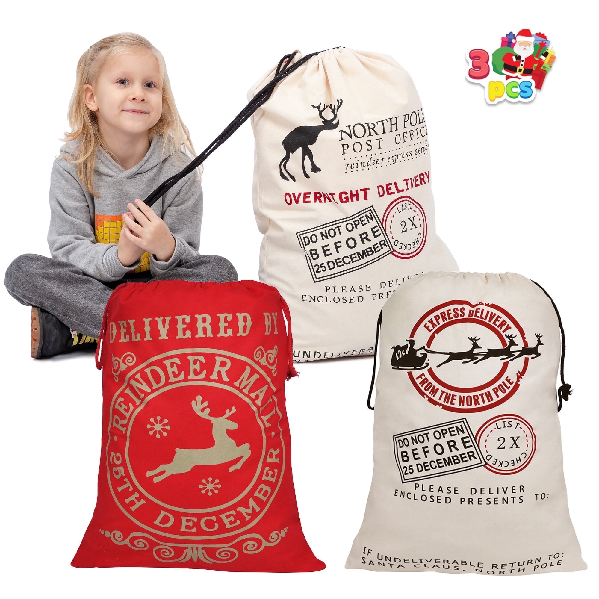 Joyfy 3 Pcs Santa Burlap Sack Christmas Gift Bags with Drawstring 26" x ...