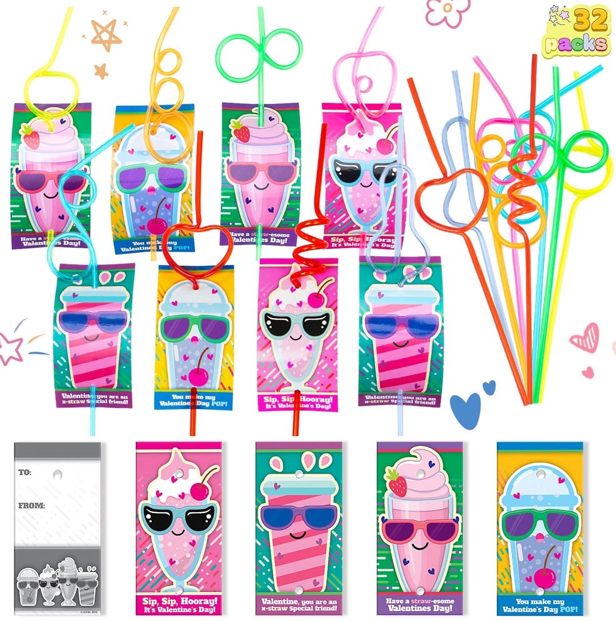 SYNCFUN 32 Pack Valentines Day Cards with Reusable Drinking Straws ...