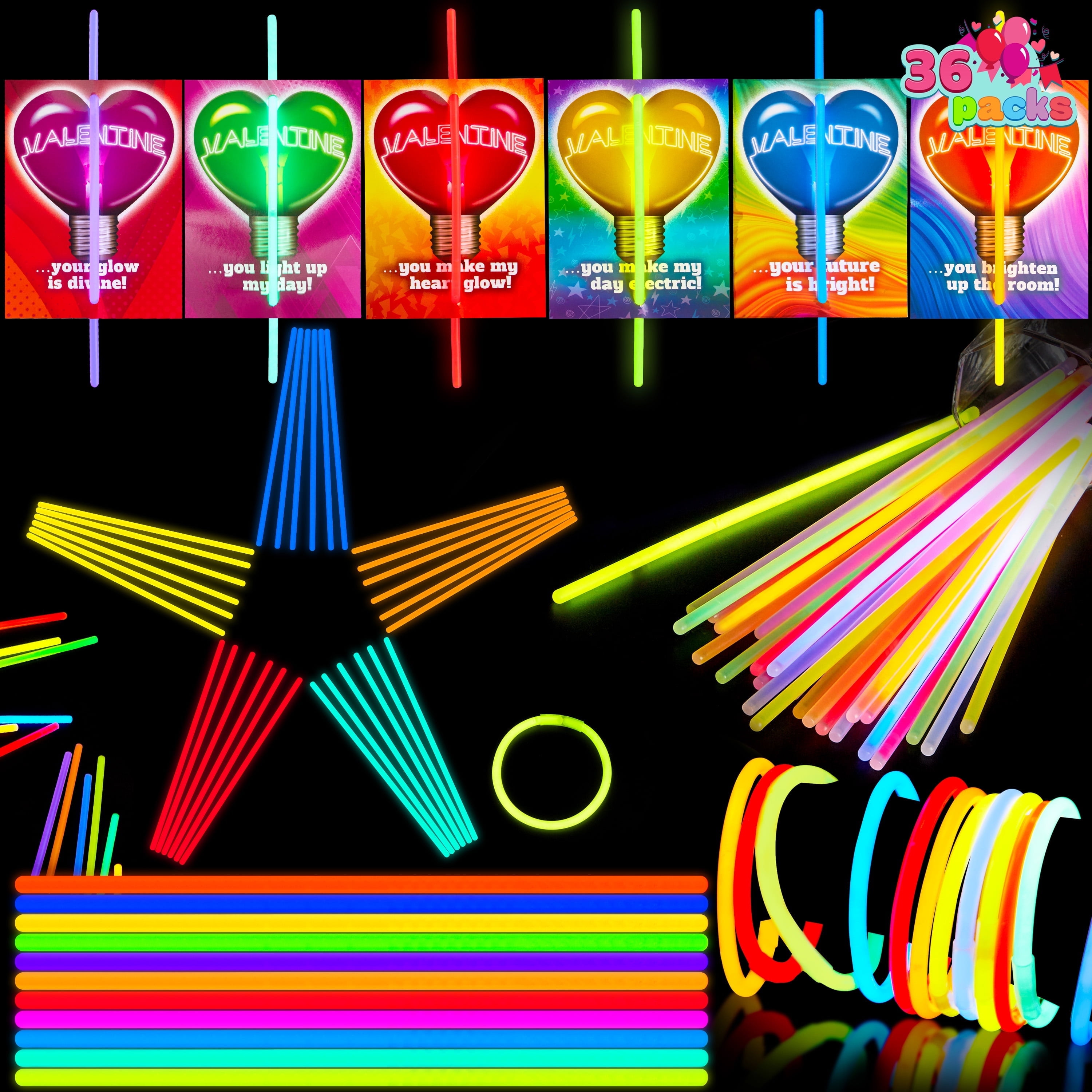 SYNCFUN 36 Packs Glow Sticks Bracelet with Neon Valentines Day Cards ...