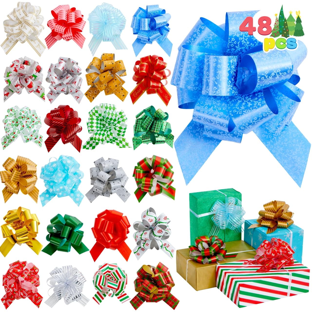 Joyfy 48 Pcs Christmas Pull Bows with Ribbon 4.7” Wide Gift Wrapping ...