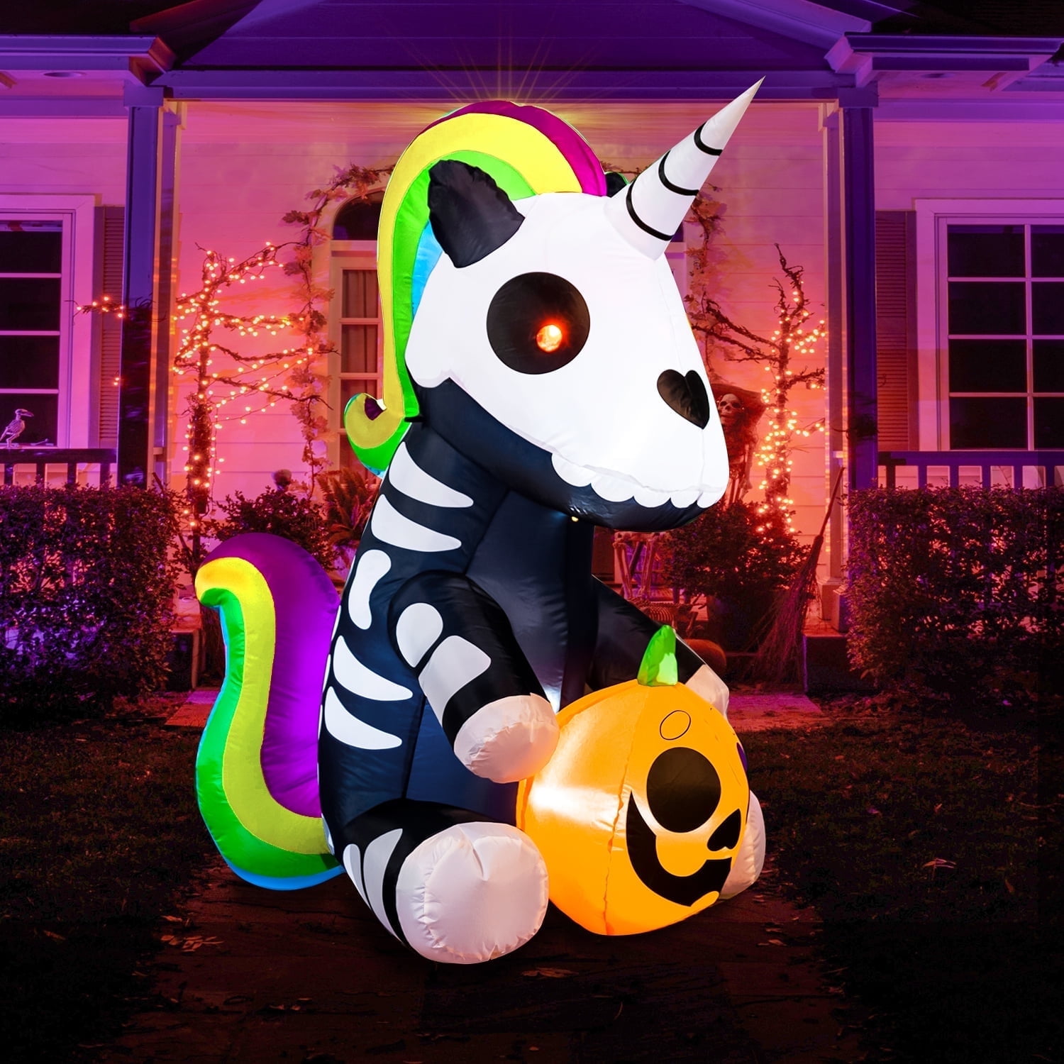 Joyfy 5 ft Halloween Inflatable Sitting Skeleton Unicorn with Build-in ...