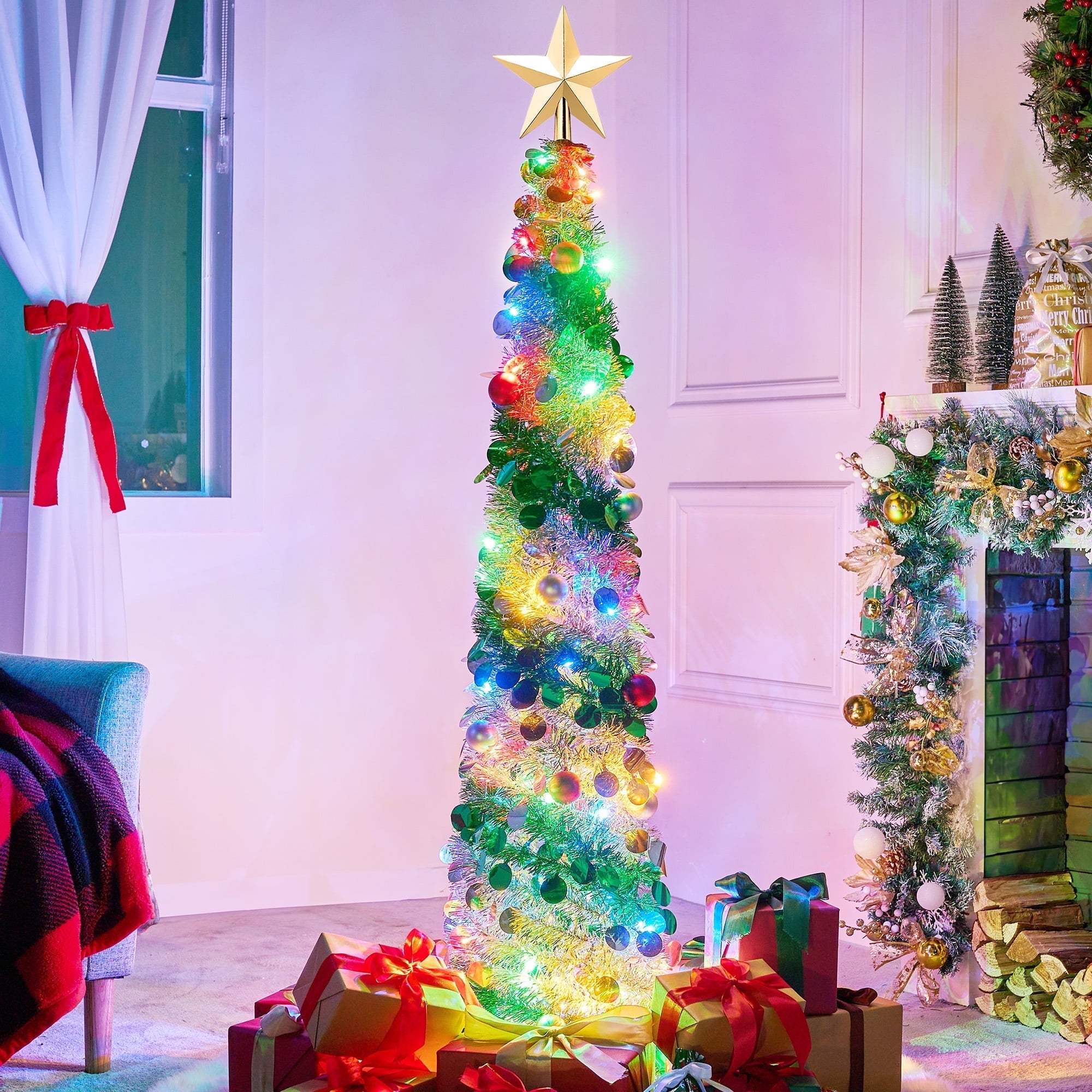 Joyfy 5ft Pop up Christmas Tree,Artificial Pencil Tinsel Xmas Trees ...