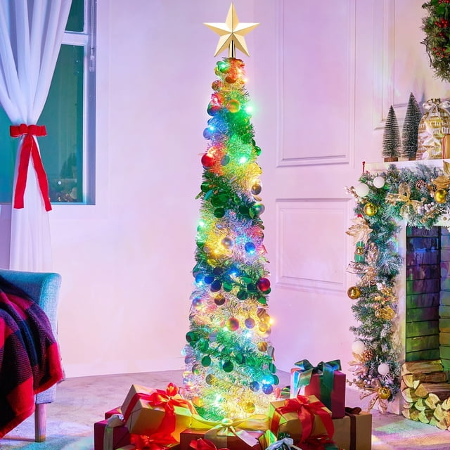 Joyfy 5ft Pop up Christmas Tree,Artificial Pencil Tinsel Xmas Trees ...