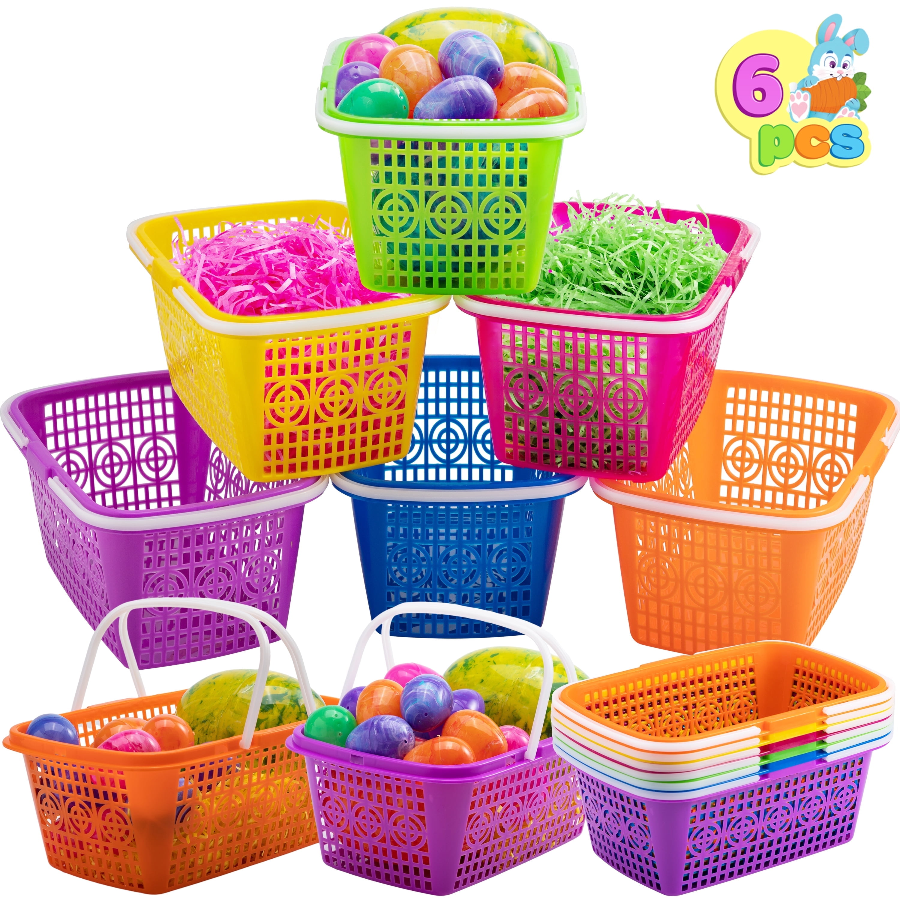SYNCFUN 6 Pcs Plastic Easter Egg Baskets with Tricolor Fake Grass ...