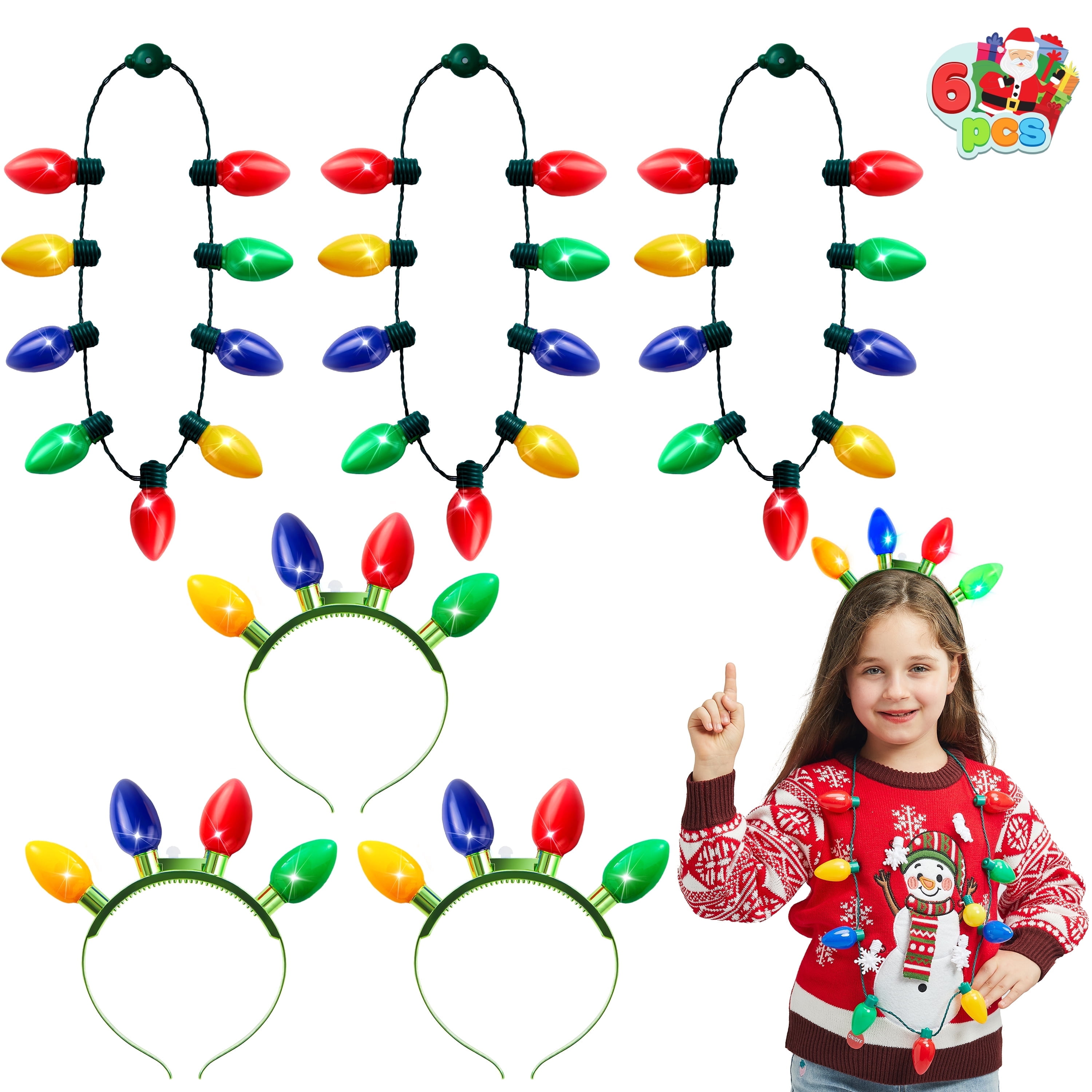 Joyfy 6 PCS Christmas LED Light up Necklaces and Headbands, 6 Flashing ...