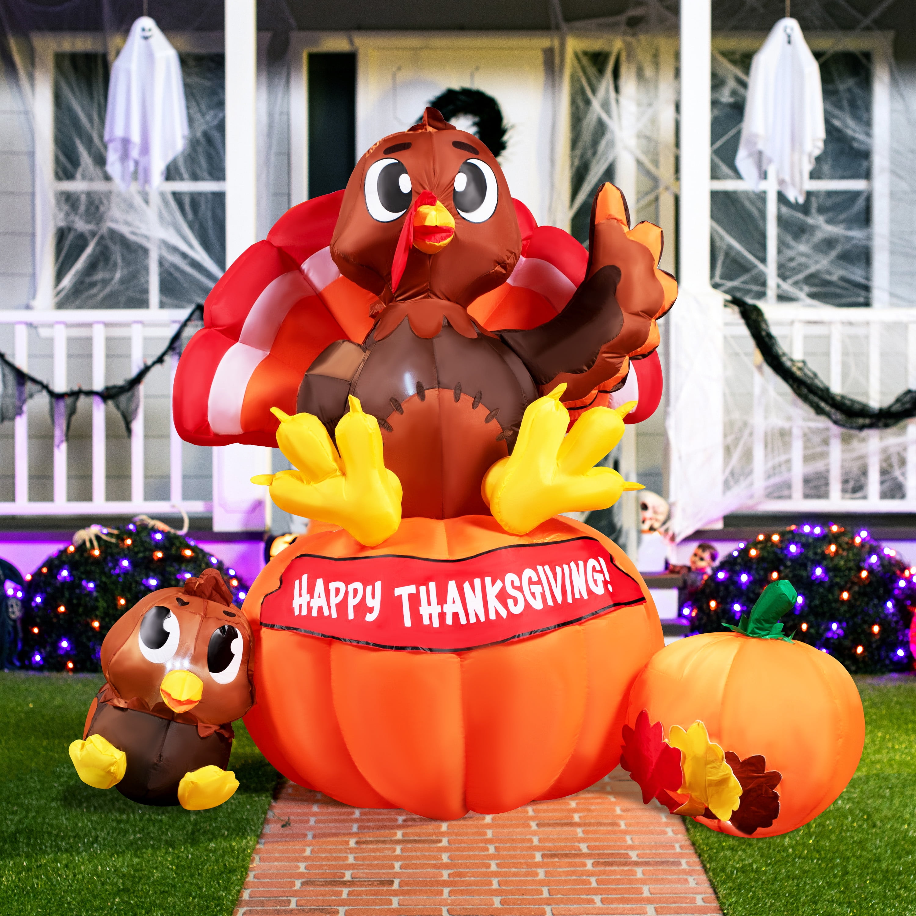 Joyfy 6 ft Thanksgiving Inflatable Turkey on Pumpkin & Little Turkey ...