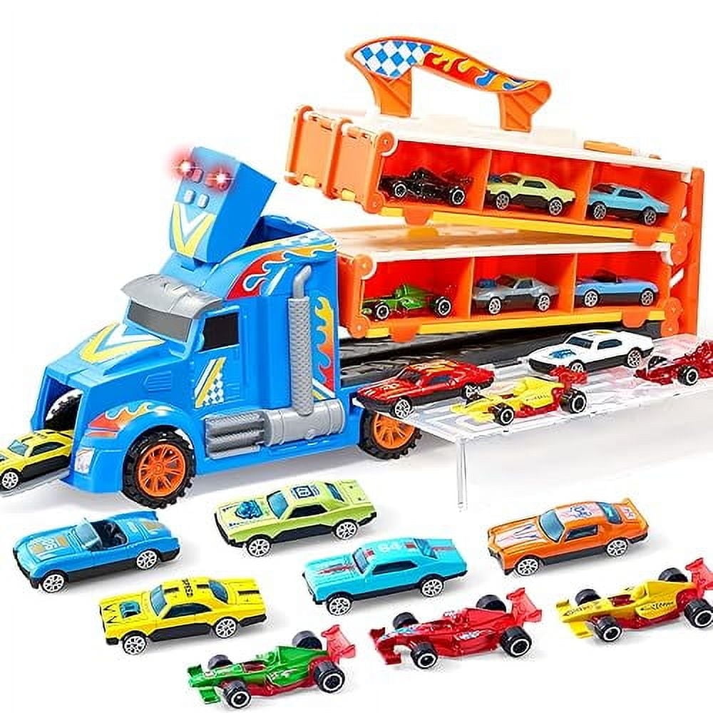 Joyfy Carrier Truck Toys for Kids, 5-FT Race Track and 12 Die-Cast ...