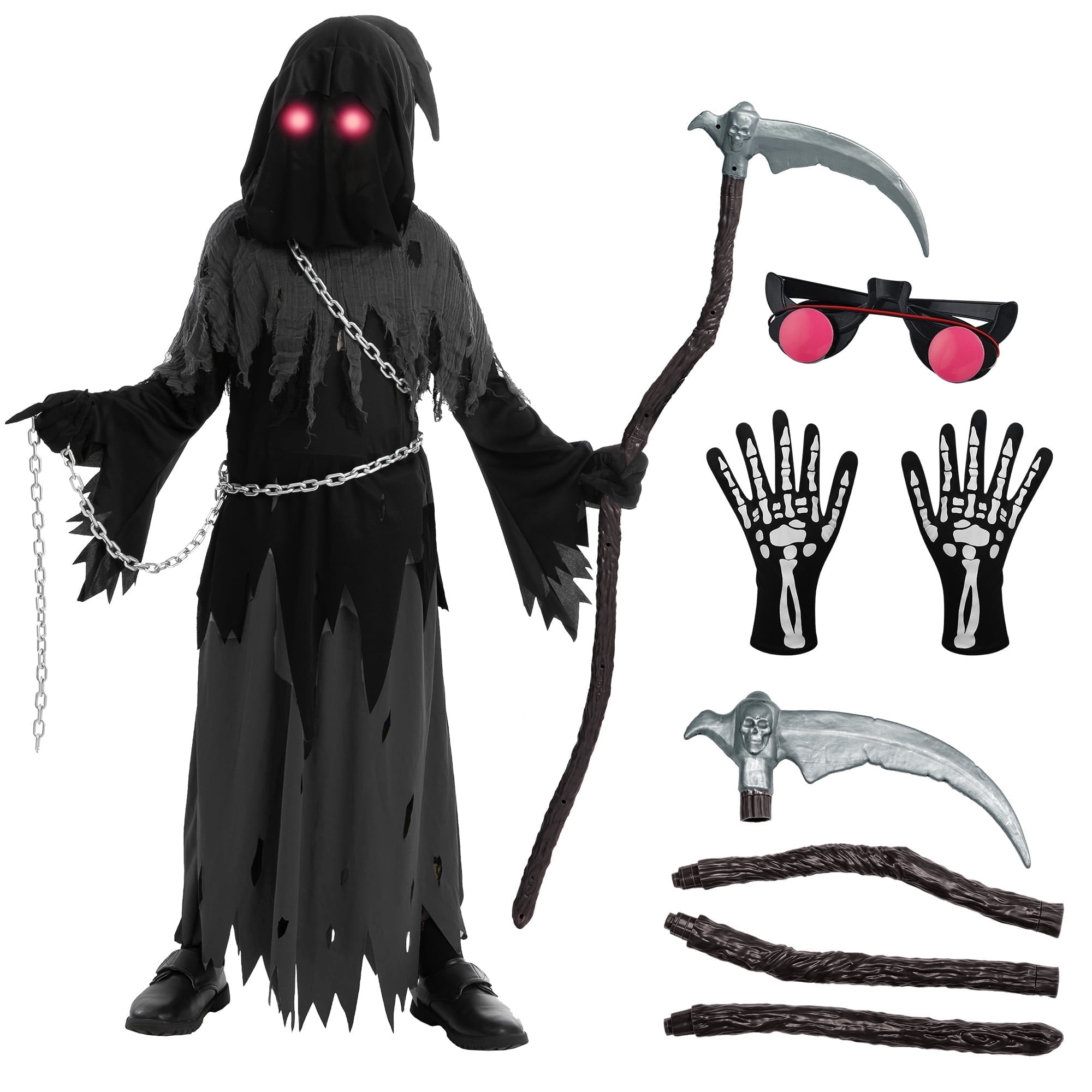 Joyfy Child Glowing Eyes Grim Reaper Costume, Phantom Costume for Kids Halloween Fancy Dress Up ...