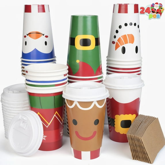 Joyfy 24 Pcs Christmas Disposable Paper Cups, 16 oz Xmas Dinnerware ...