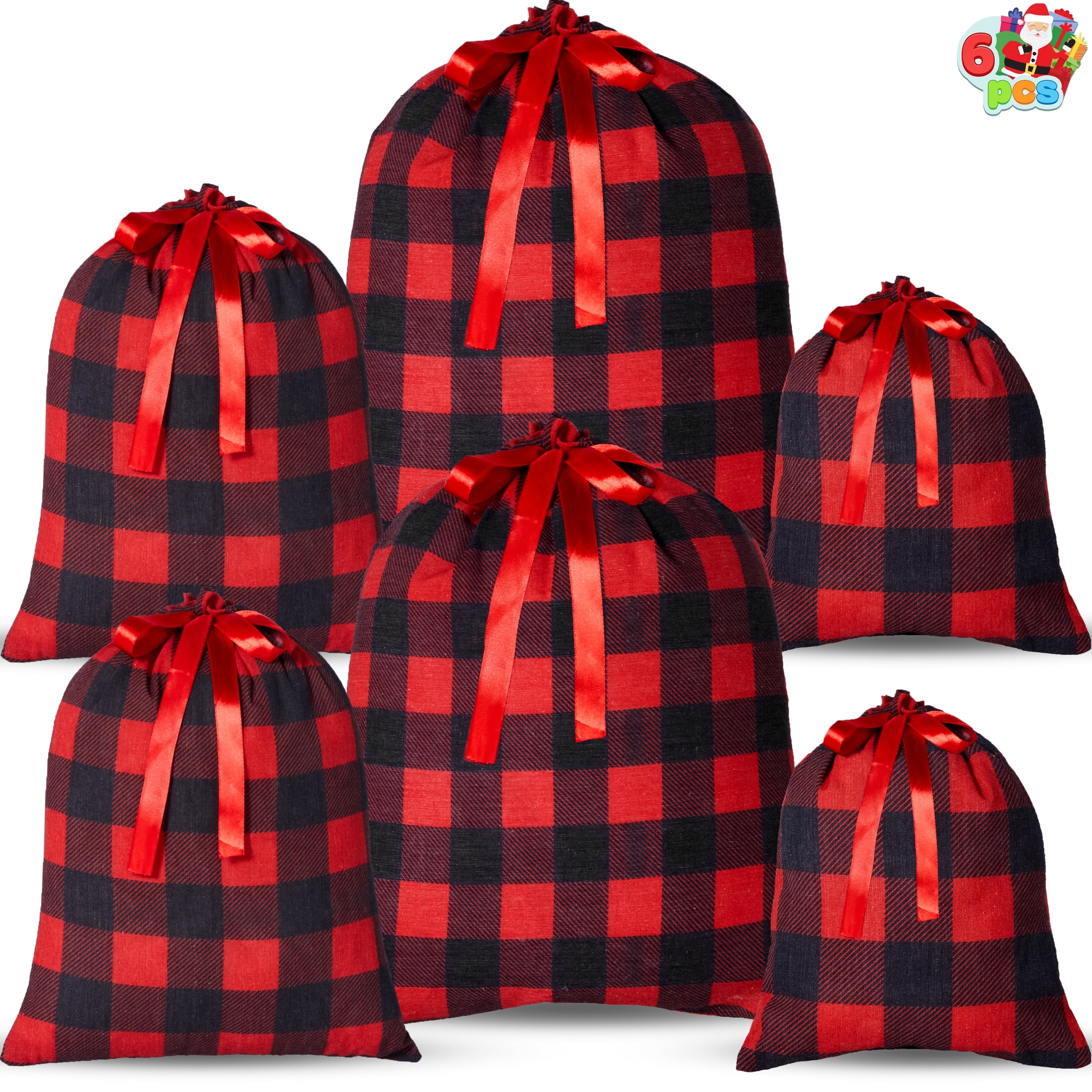 Joyfy Christmas Drawstring Gift Bags, 6 Pcs Buffalo Plaid Sack Large ...