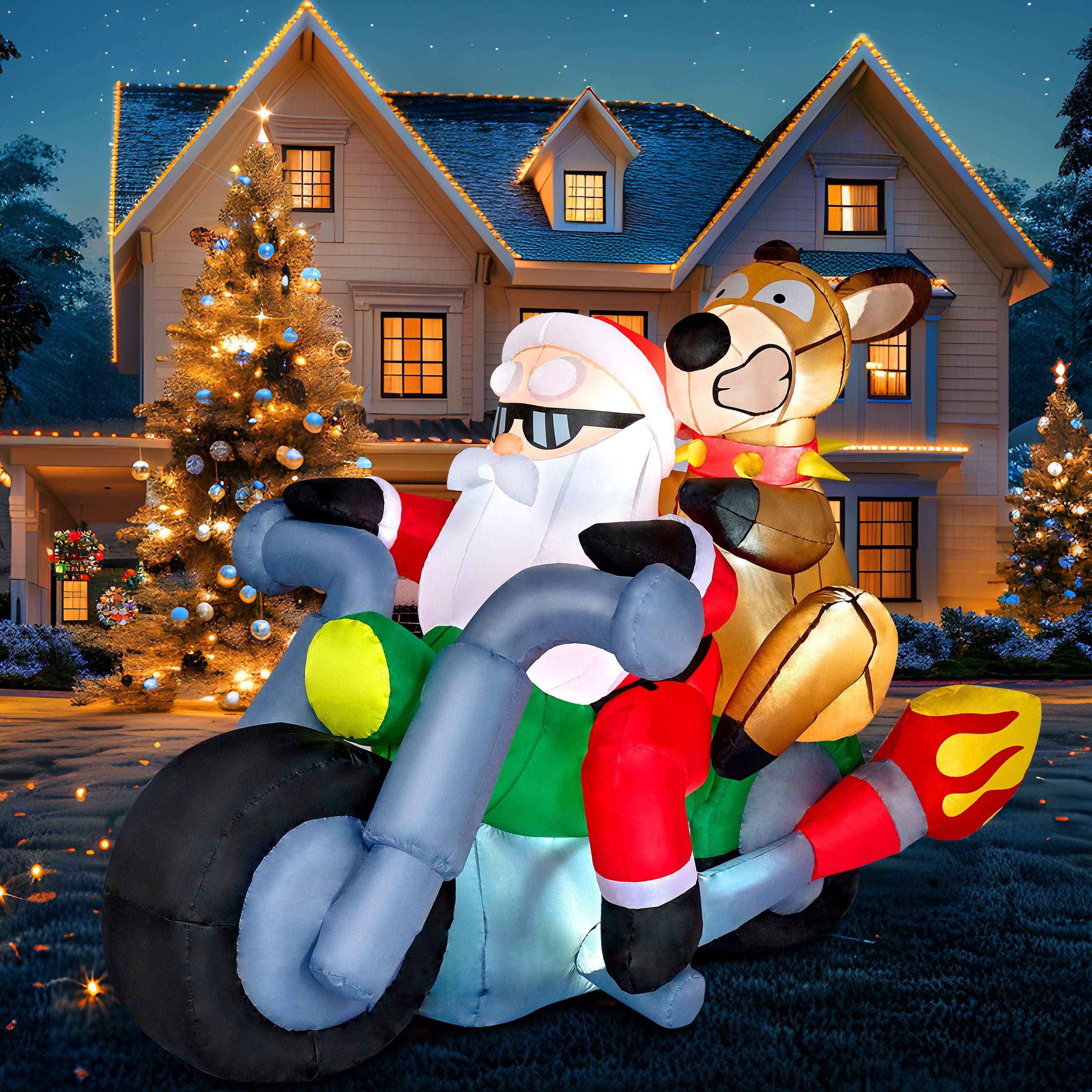 Joyfy 7 ft Christmas Inflatables Santa Riding Motorcycle with Reindeer ...