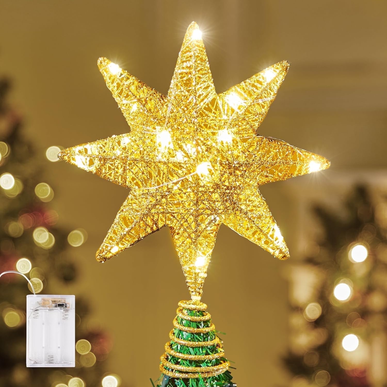 Joyfy 10“ Christmas Tree Topper, Gold Glitter 8-Point Star with Lights ...