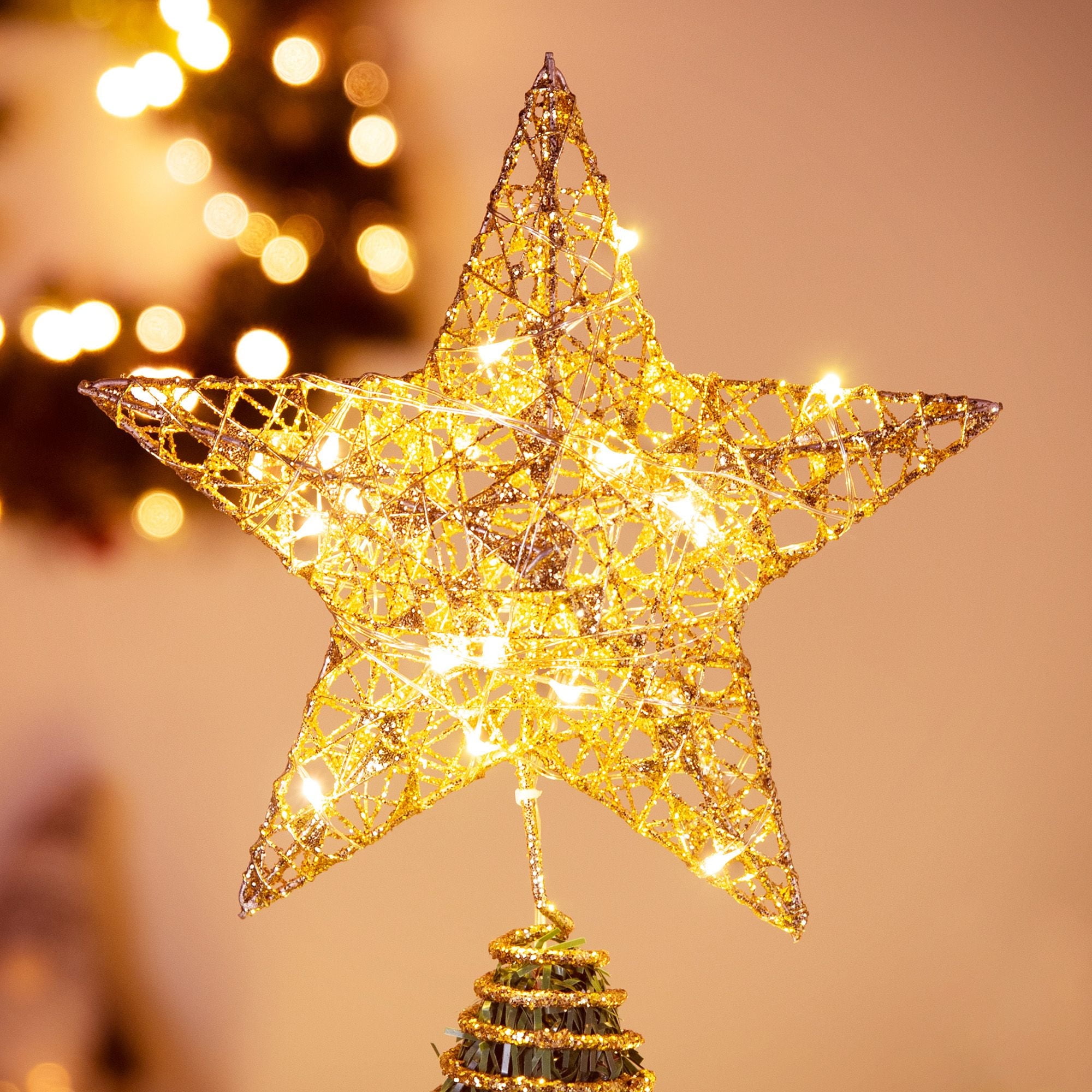 Joyfy Christmas Tree Topper,20 LED Gold Glitter Small Star Tree Topper ...