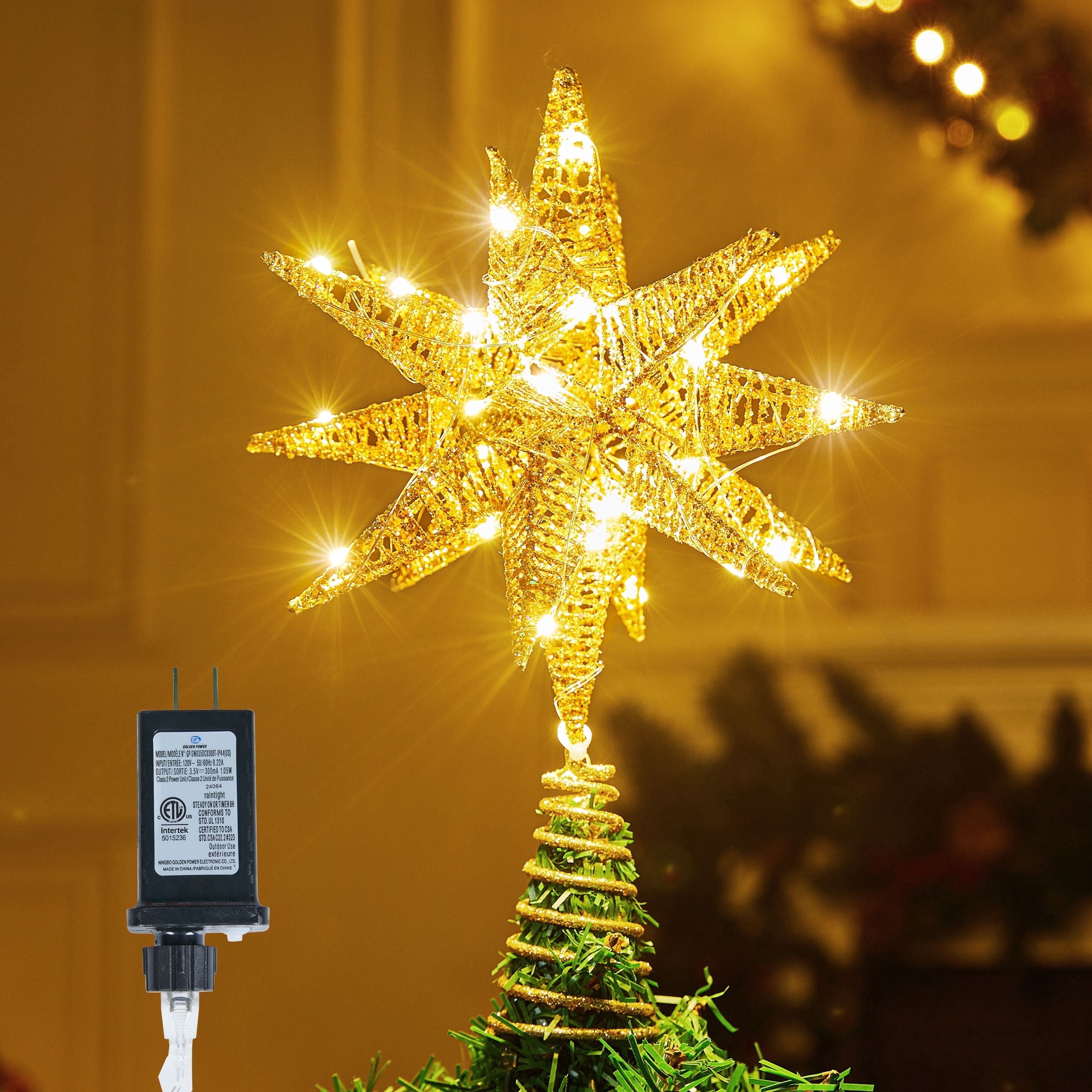 Joyfy Christmas Tree Topper,36 LED Gold Glitter 8-Point Star with ...