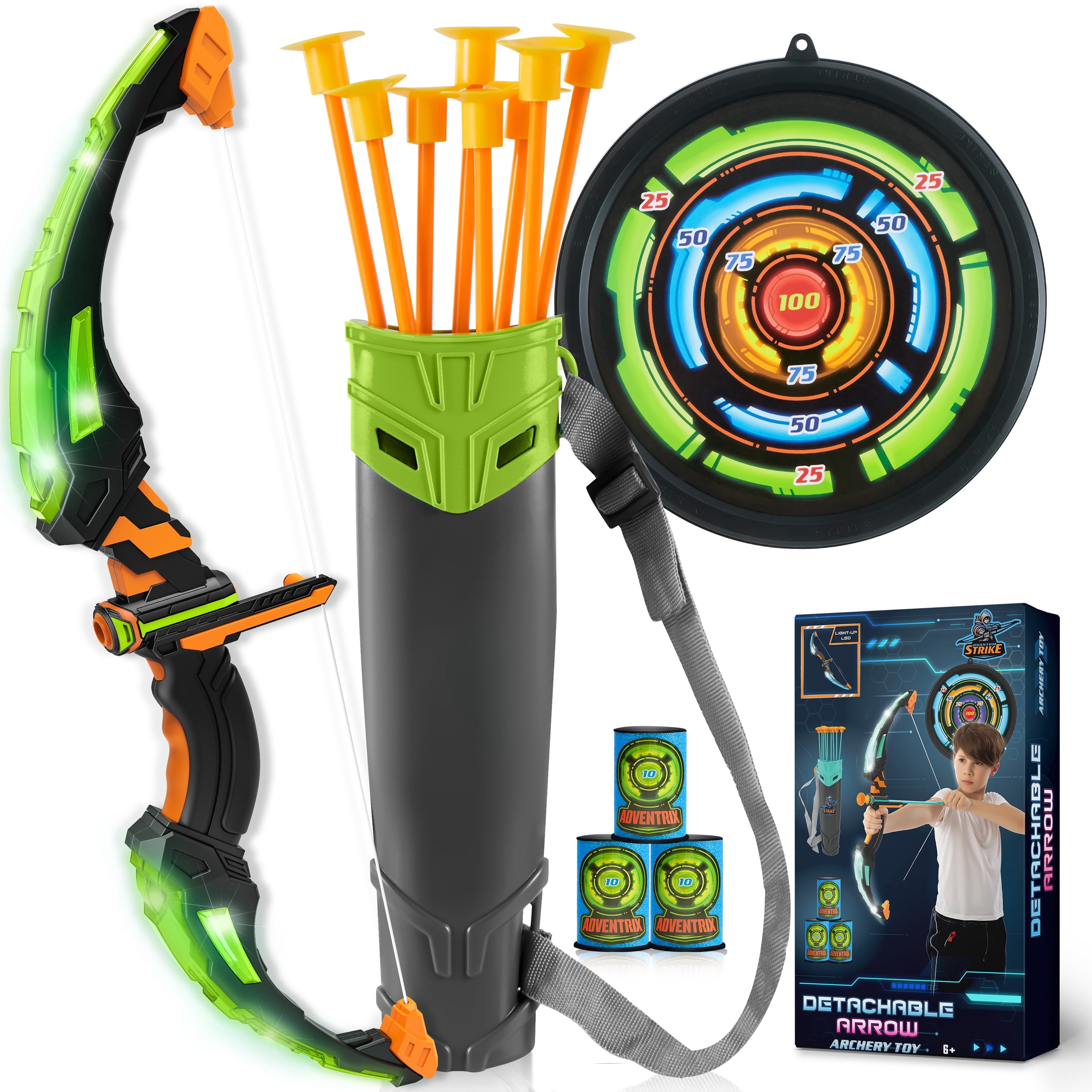 Joyfy Kids Archery Bow and Arrow Toy Set with LED Lights, 9 Suction Cup ...