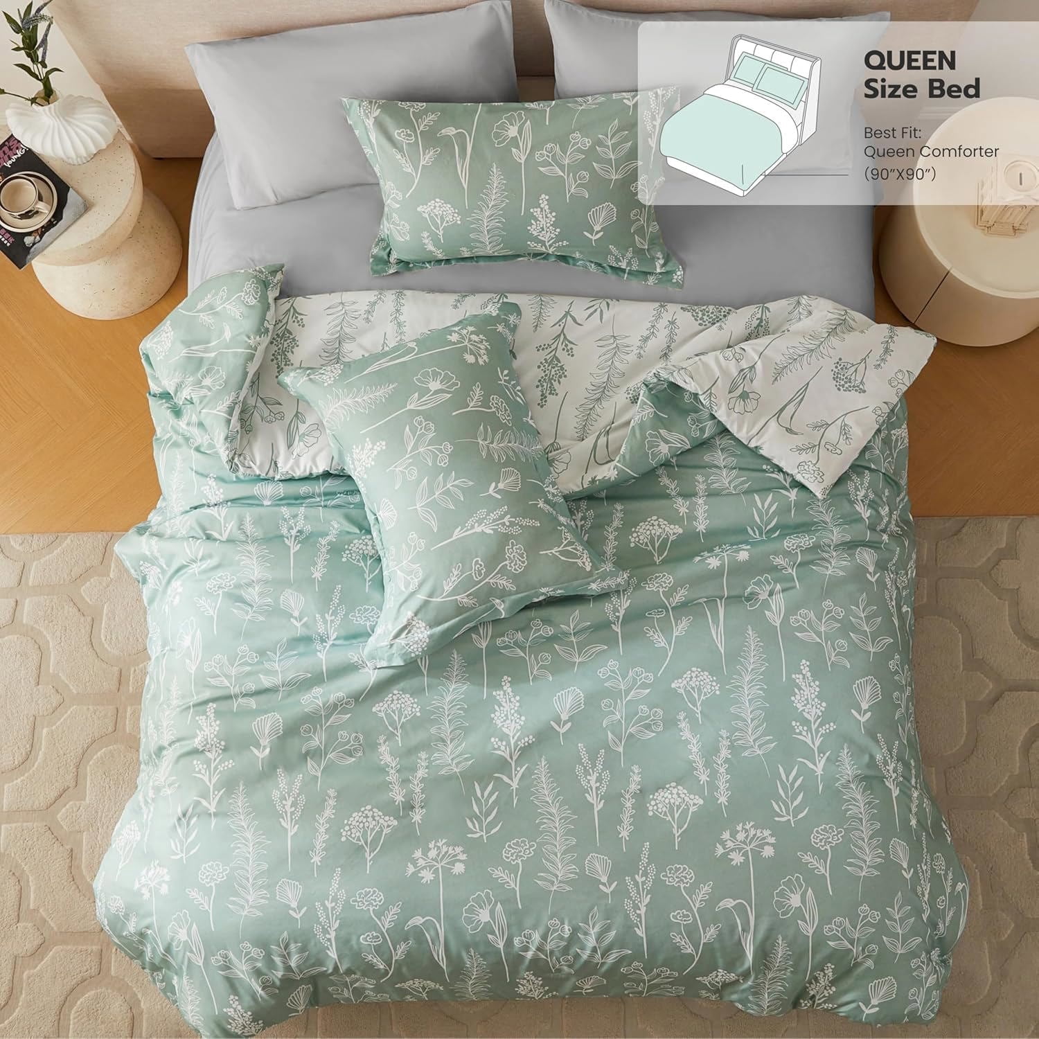 Joyfy Queen Size Comforter Set 3-Piece, Reversible Floral Botanical ...