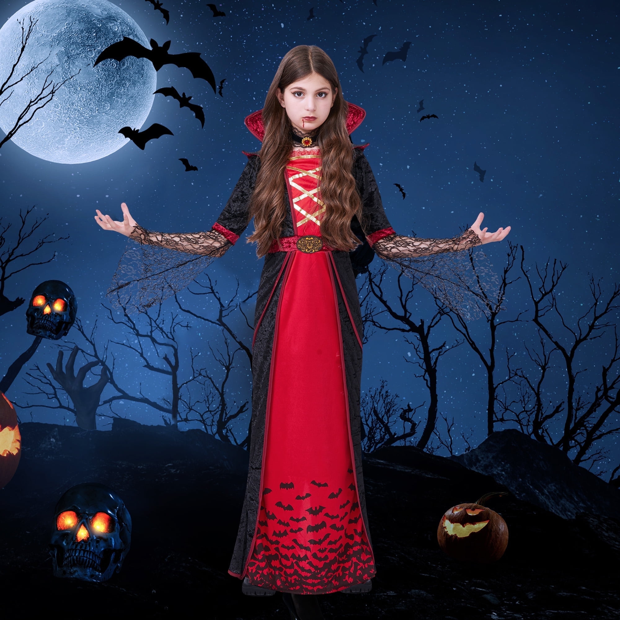 Joyfy Royal Vampire Costume For Girls Deluxe Set Halloween Vampire Cape Women Queen Dress Up