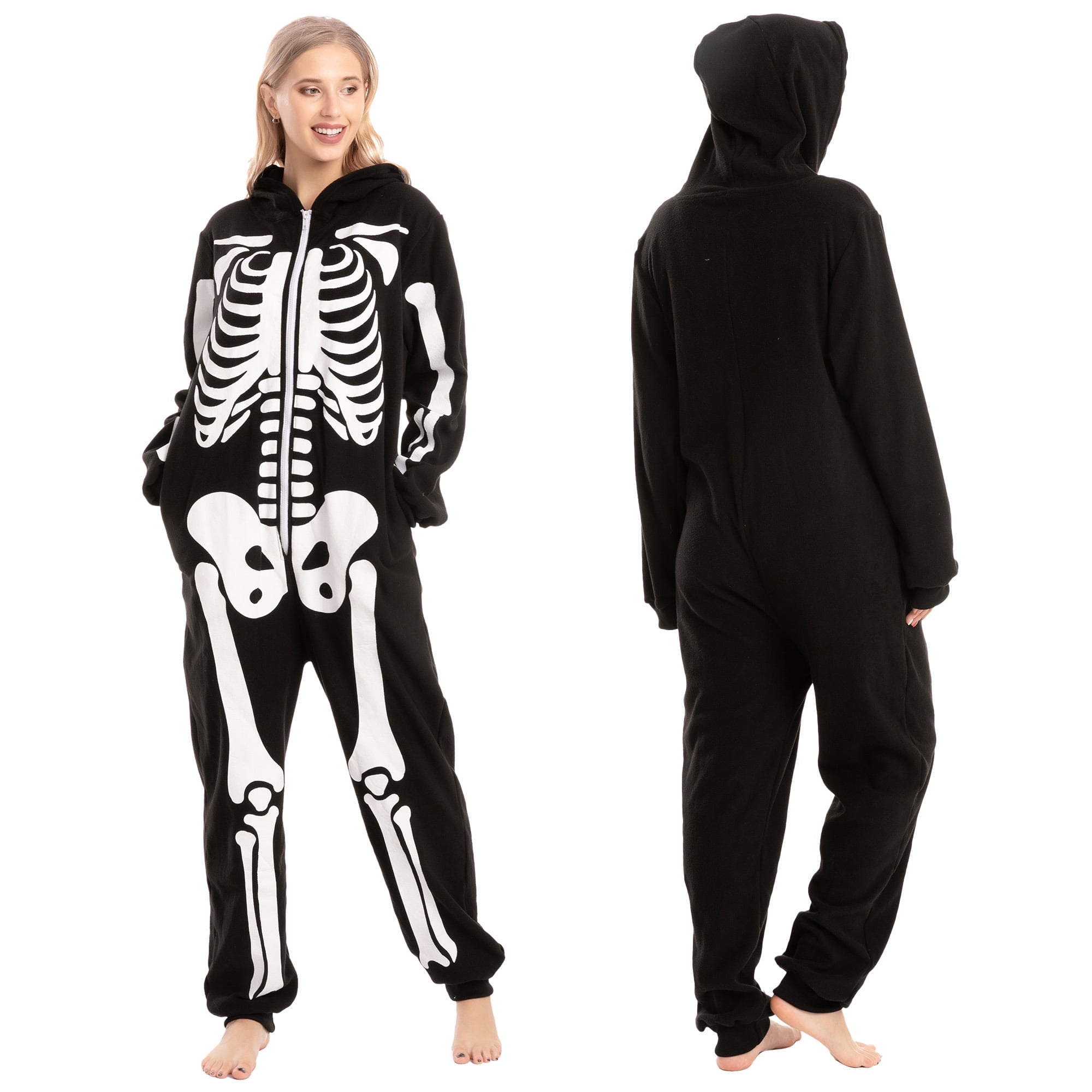Joyfy Unisex Adult Skeleton Jumpsuit Pajama Zippered Halloween Hoody ...