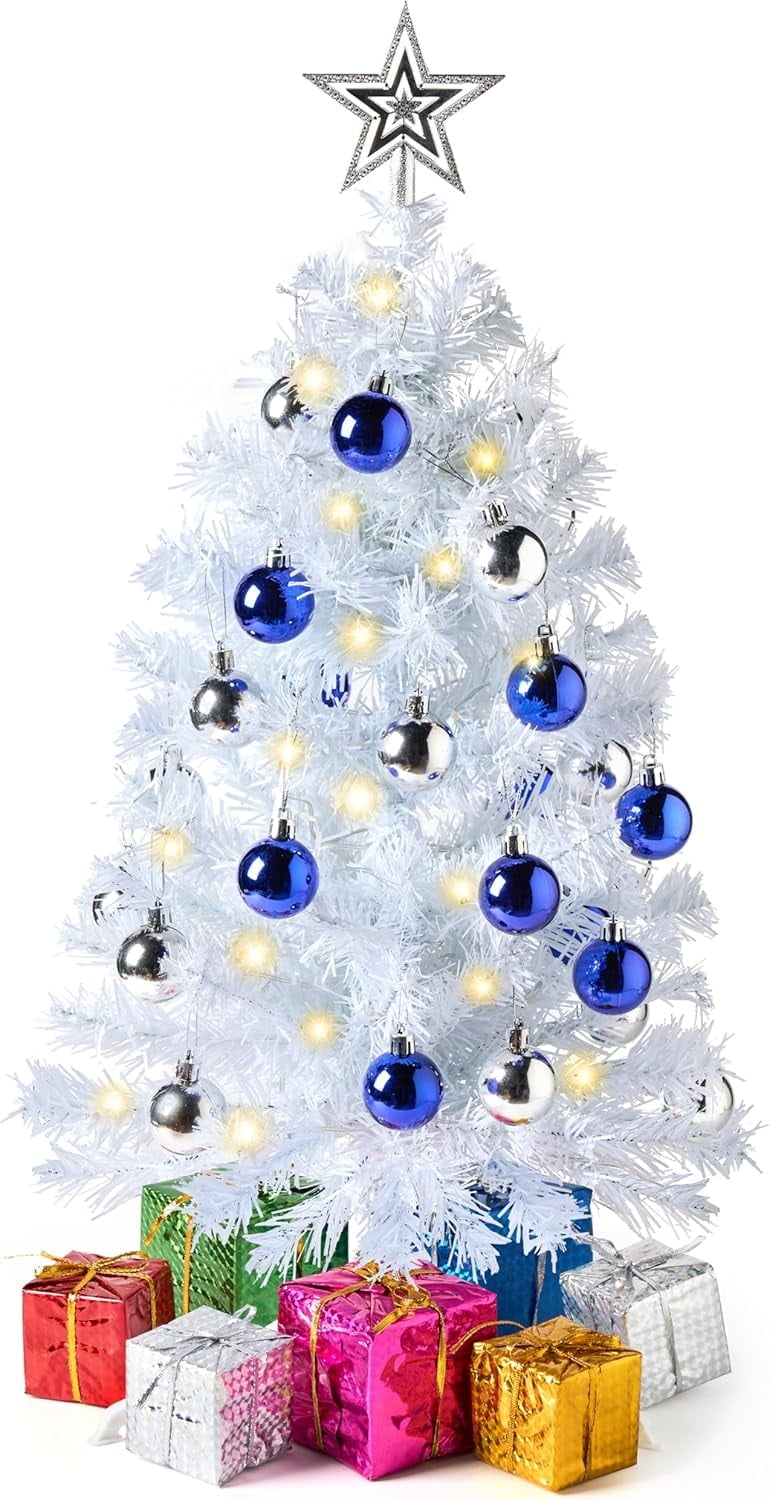 Joyfy White Mini Christmas Tree with Lights,Table Top Artificial ...