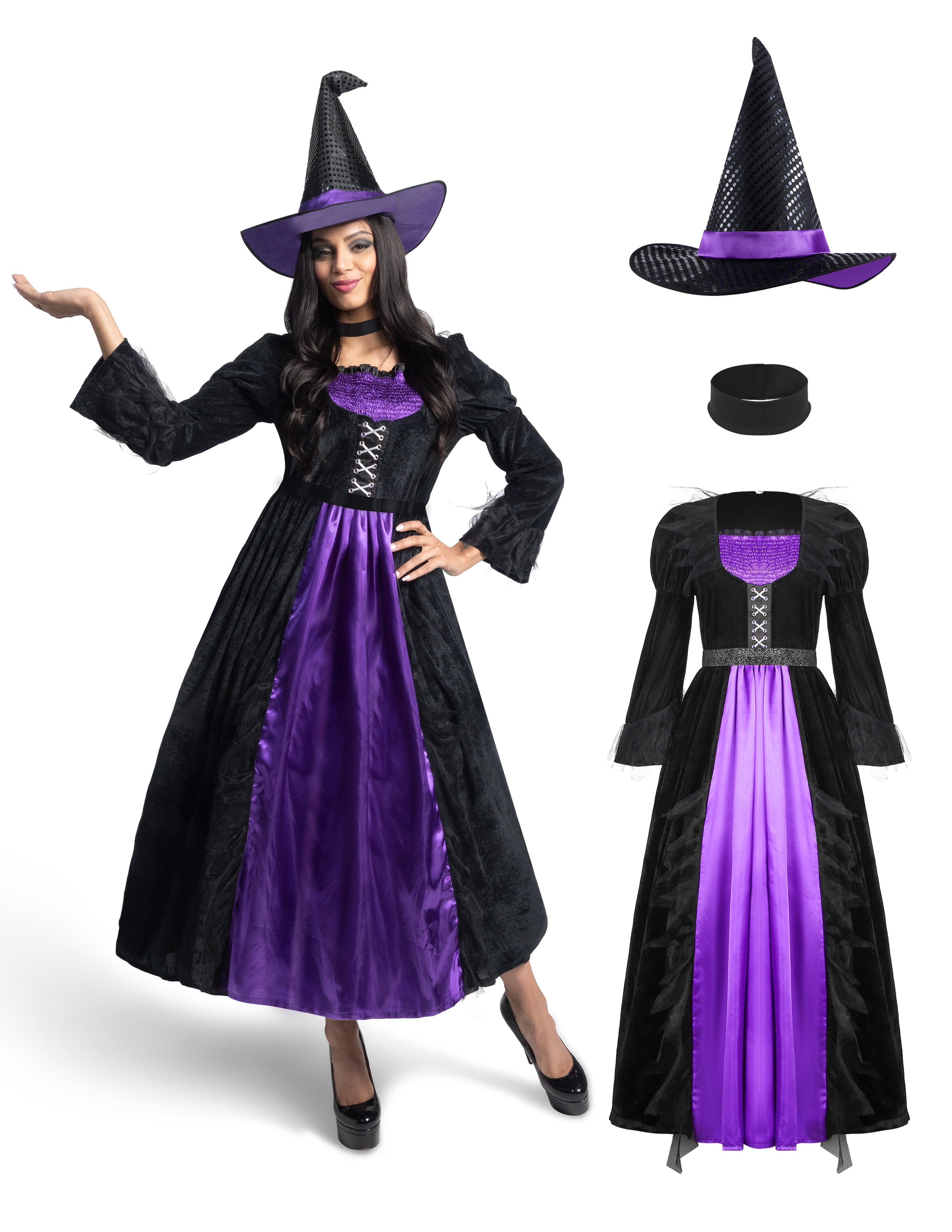Joyfy Witch Costume for Women, Starry Witch Dress with Belt Hat for ...