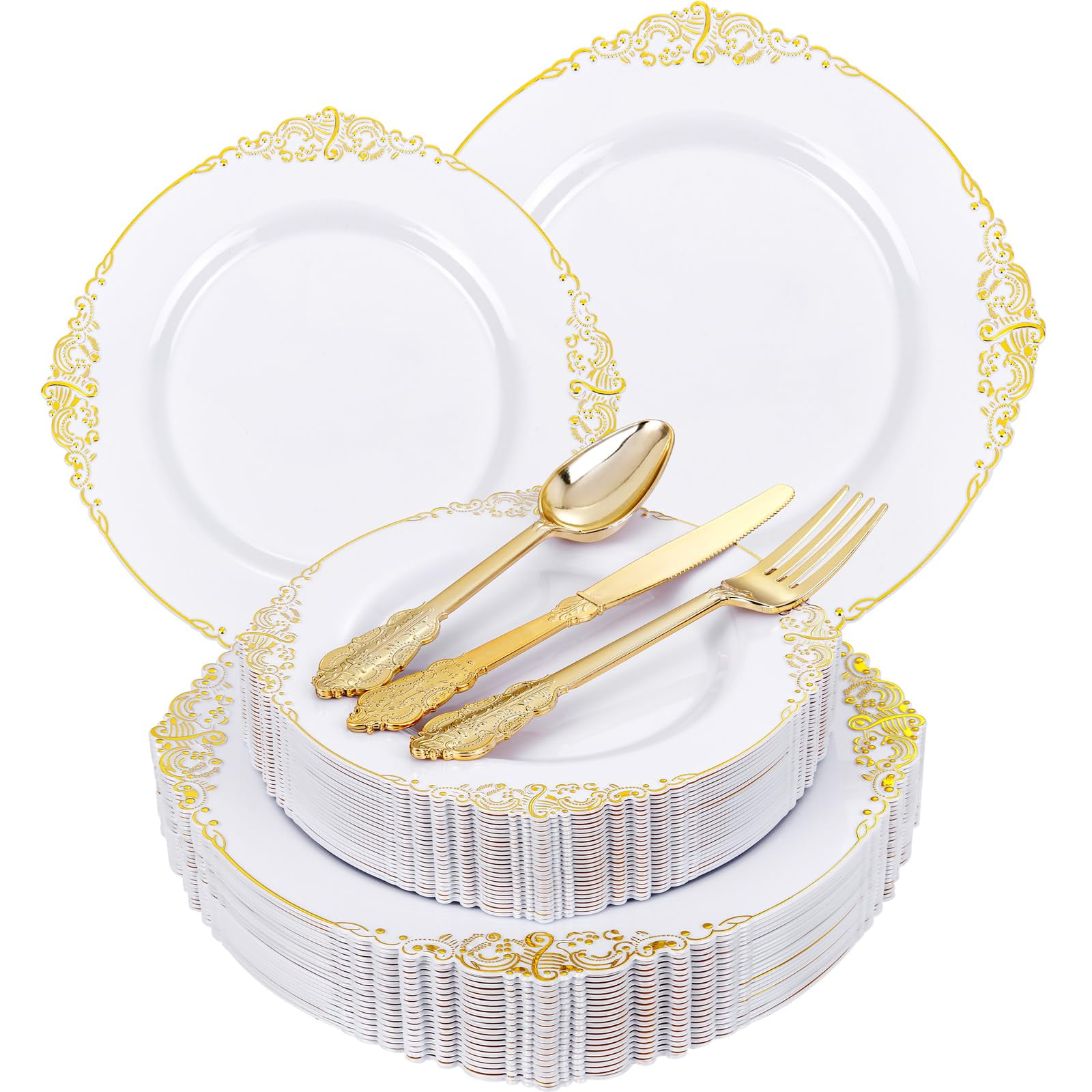 Joyido 125PCS White and IEF31 Gold Plastic Plates - Gold Disposable ...