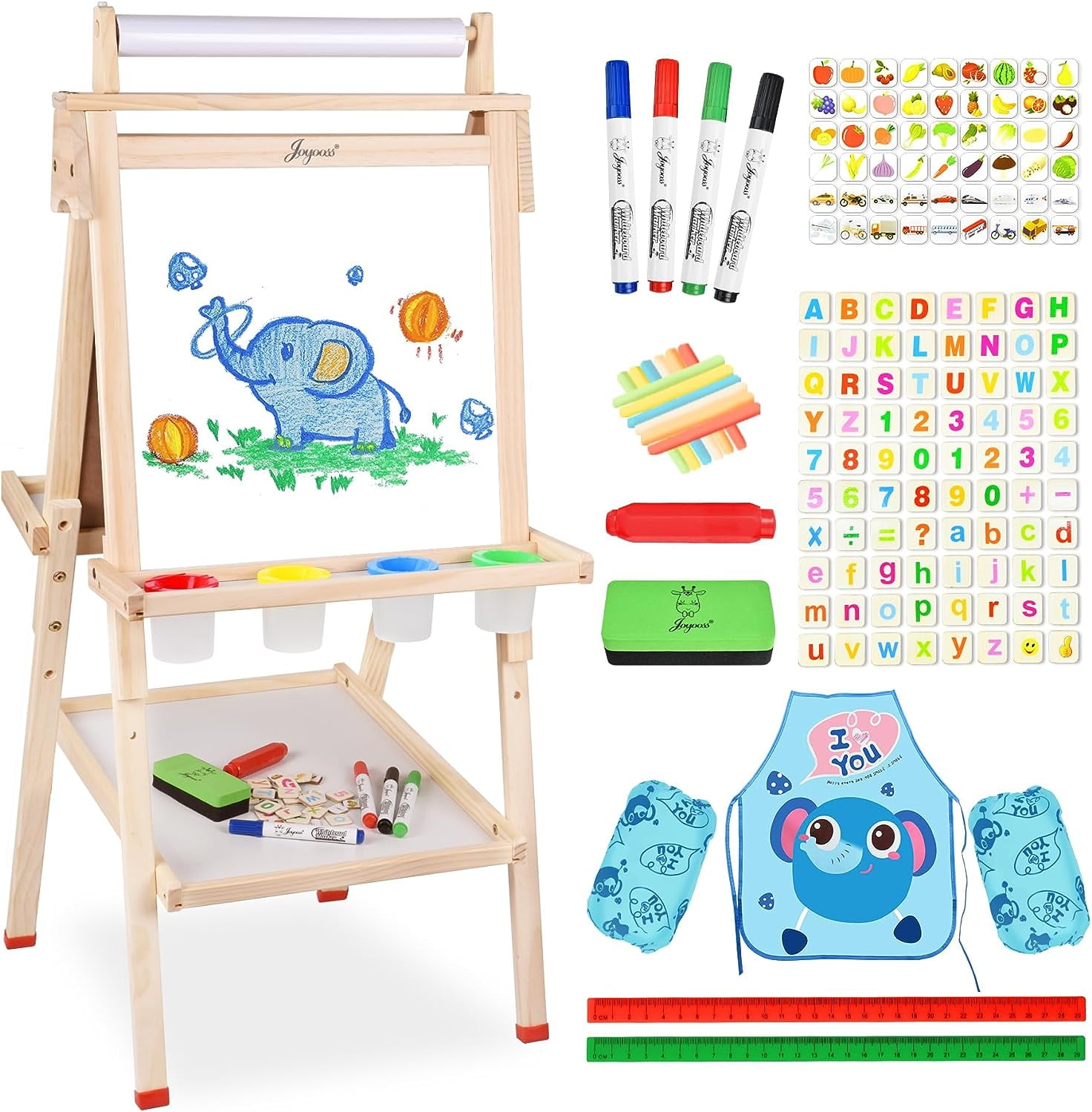 Joyooss Wooden Kids Easel with Magnetic Double-Sided Black & Whiteboard ...