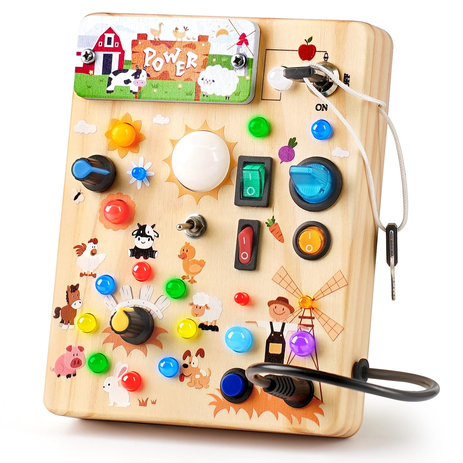 Joyreal Busy Board Wooden Sensory Toy for Toddlers with LED Light ...