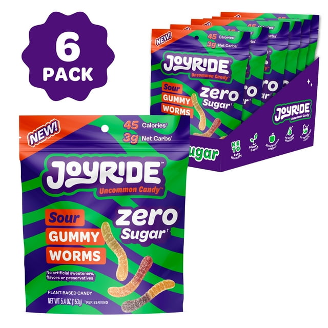 Joyride ZERO SUGAR Sour Gummy Worms, Low Calorie Vegan Candy, 6 Pack ...