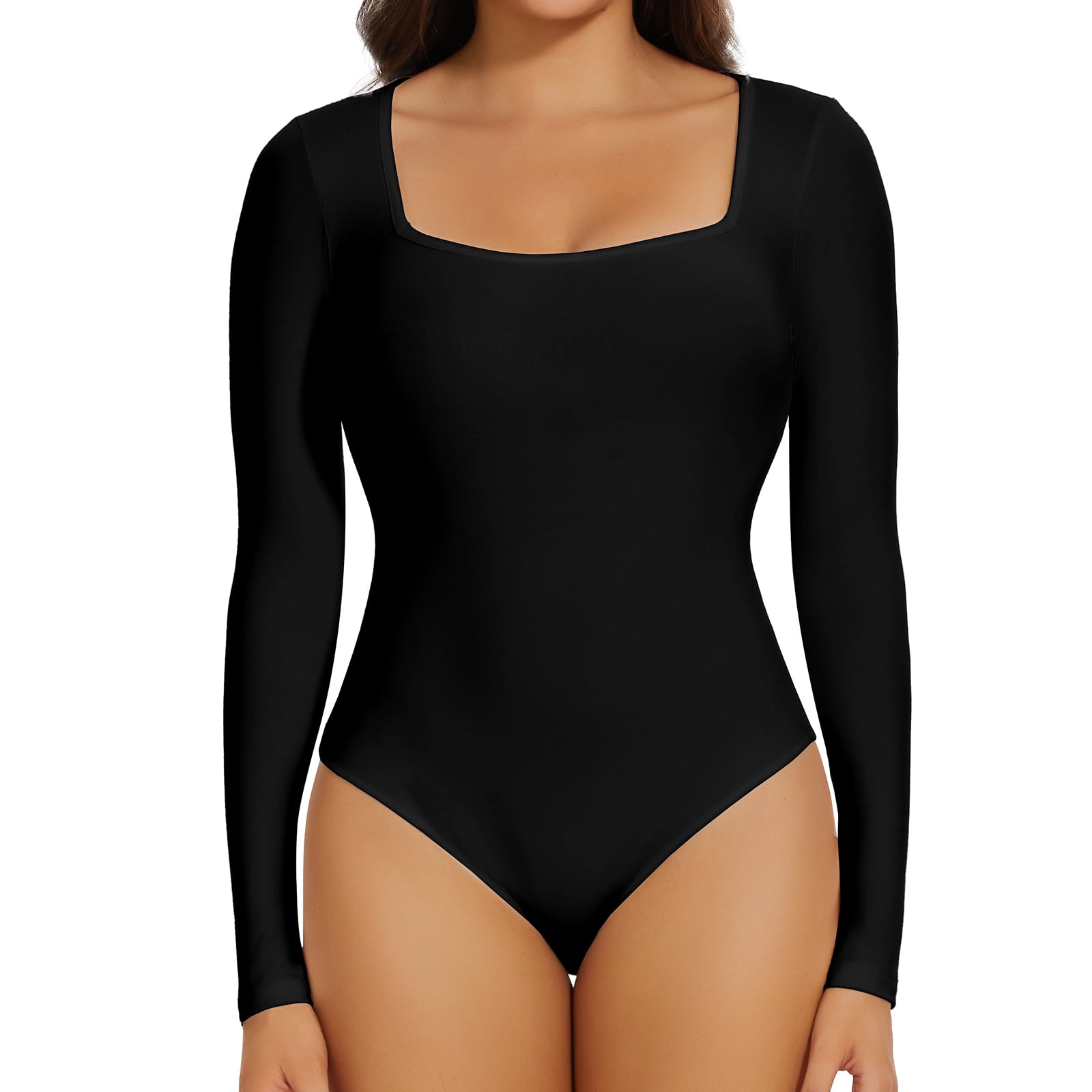 Joyshaper Women's Square Neck Long Sleeve Tops Bodysuit Half-hip Bodysuits Basic Solid Color ...