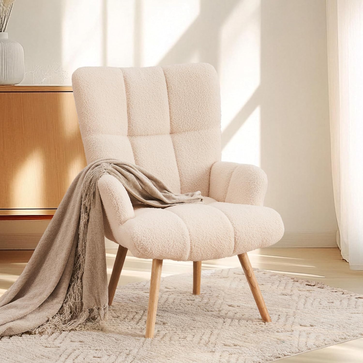 Joysoul Modern Accent Chair, High Back Arm Chair with Wood Legs Sofa Seat Teddy Fleece Fabric ...