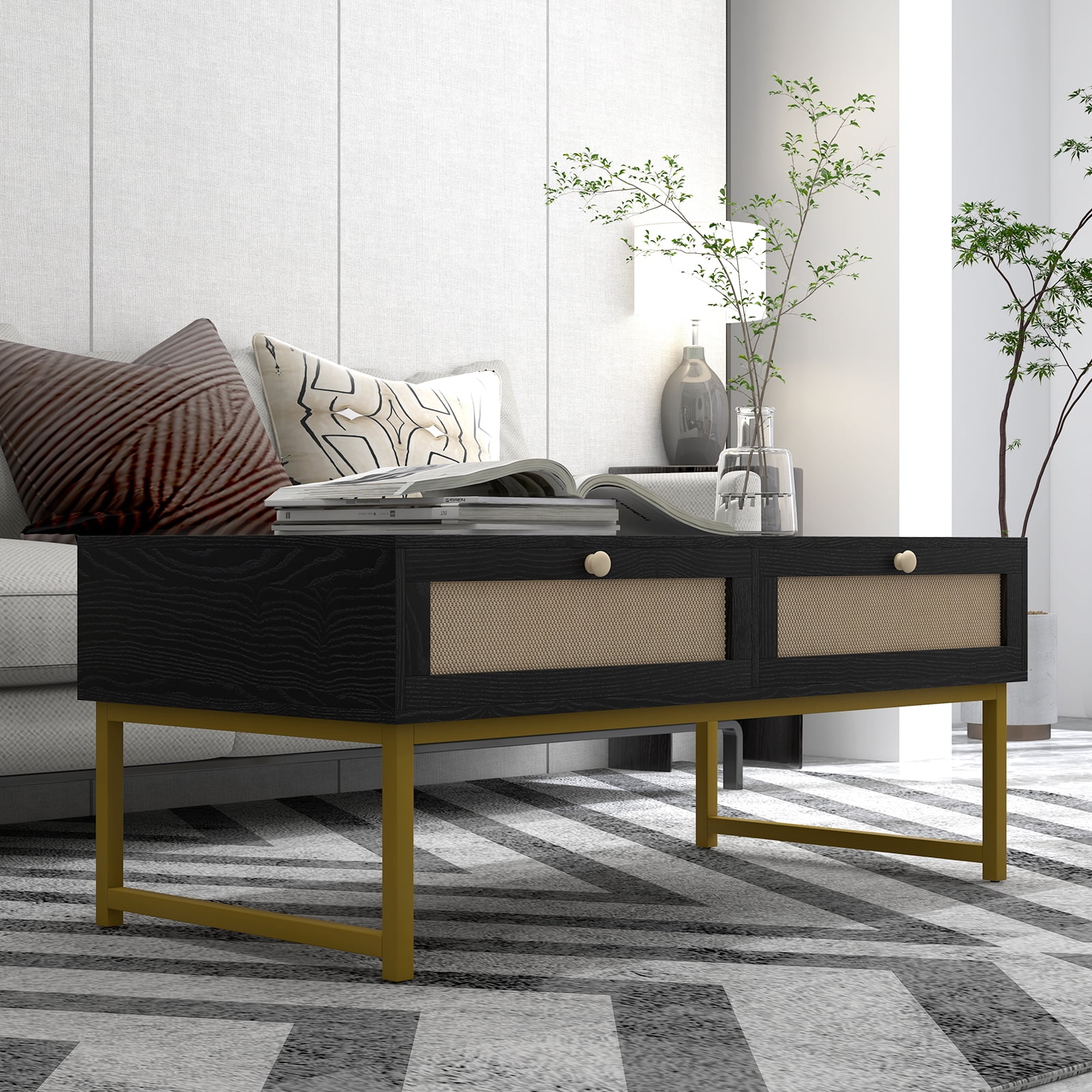 Joyspirit Black and Gold Rectangular Rattan Coffee Table with Metal ...