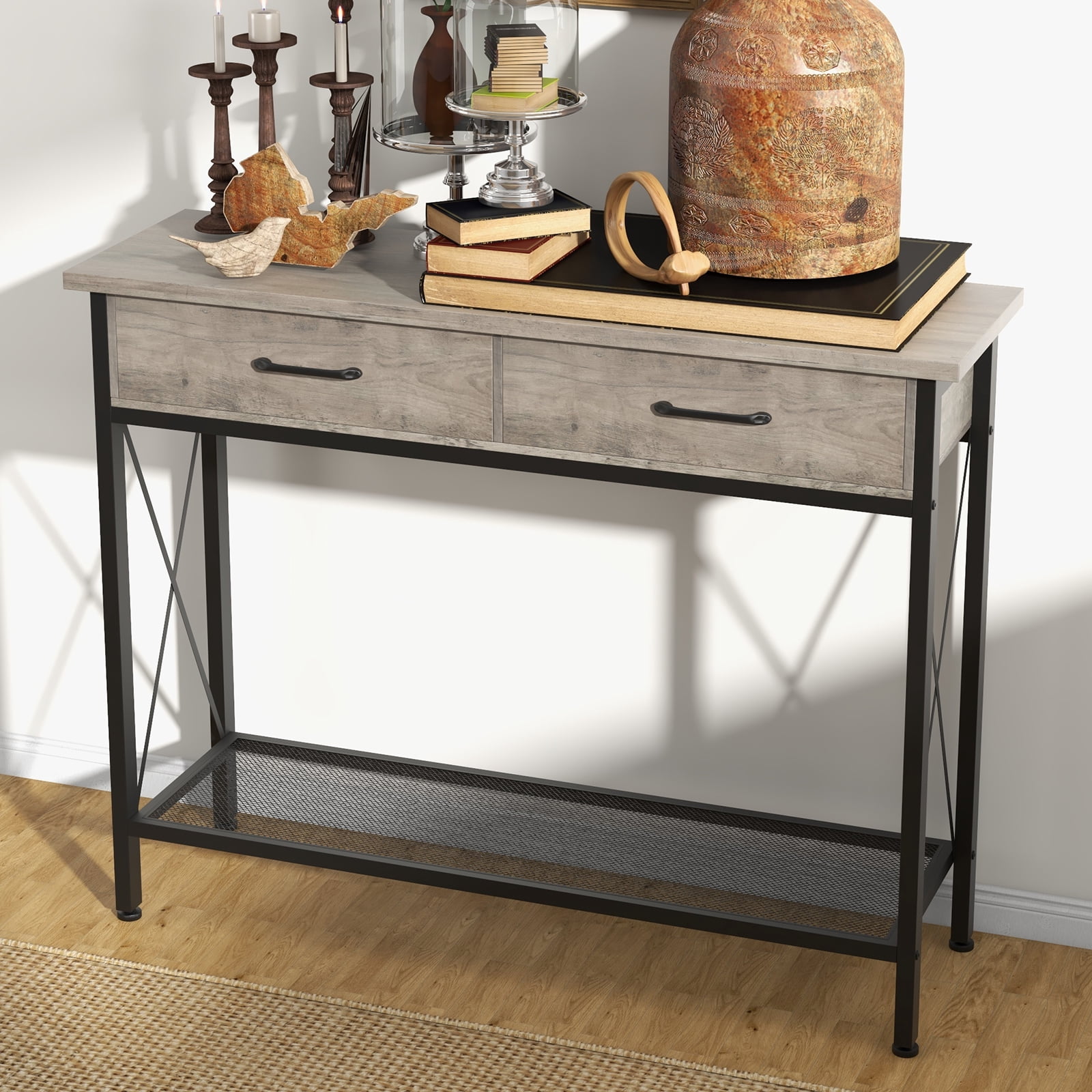 Joyspirit Industrial 2-Drawer Console Table with 3 Tiers, Storage ...